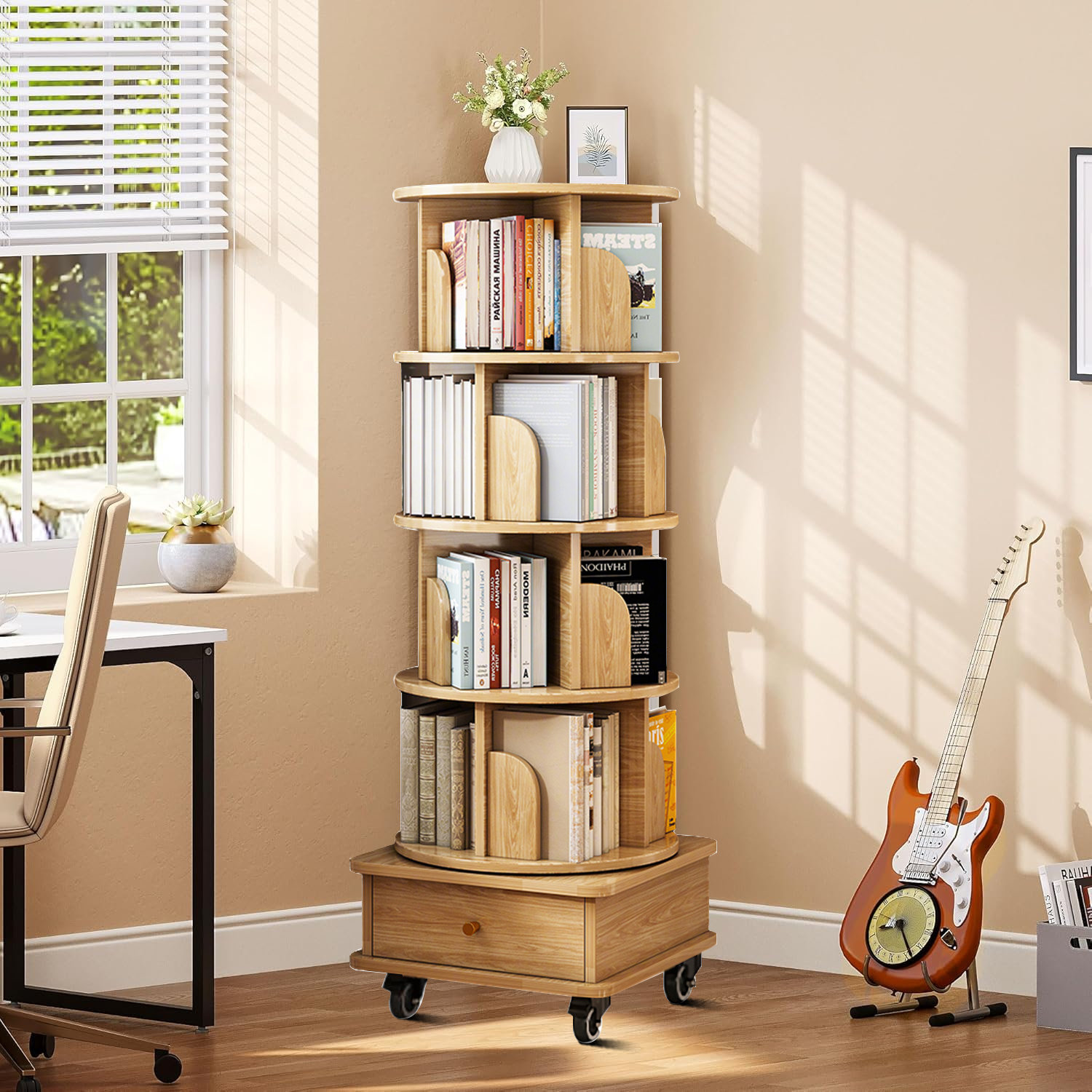 George Oliver Tall 360° Rotating storage bookcase Bookshelf with Drawer ...