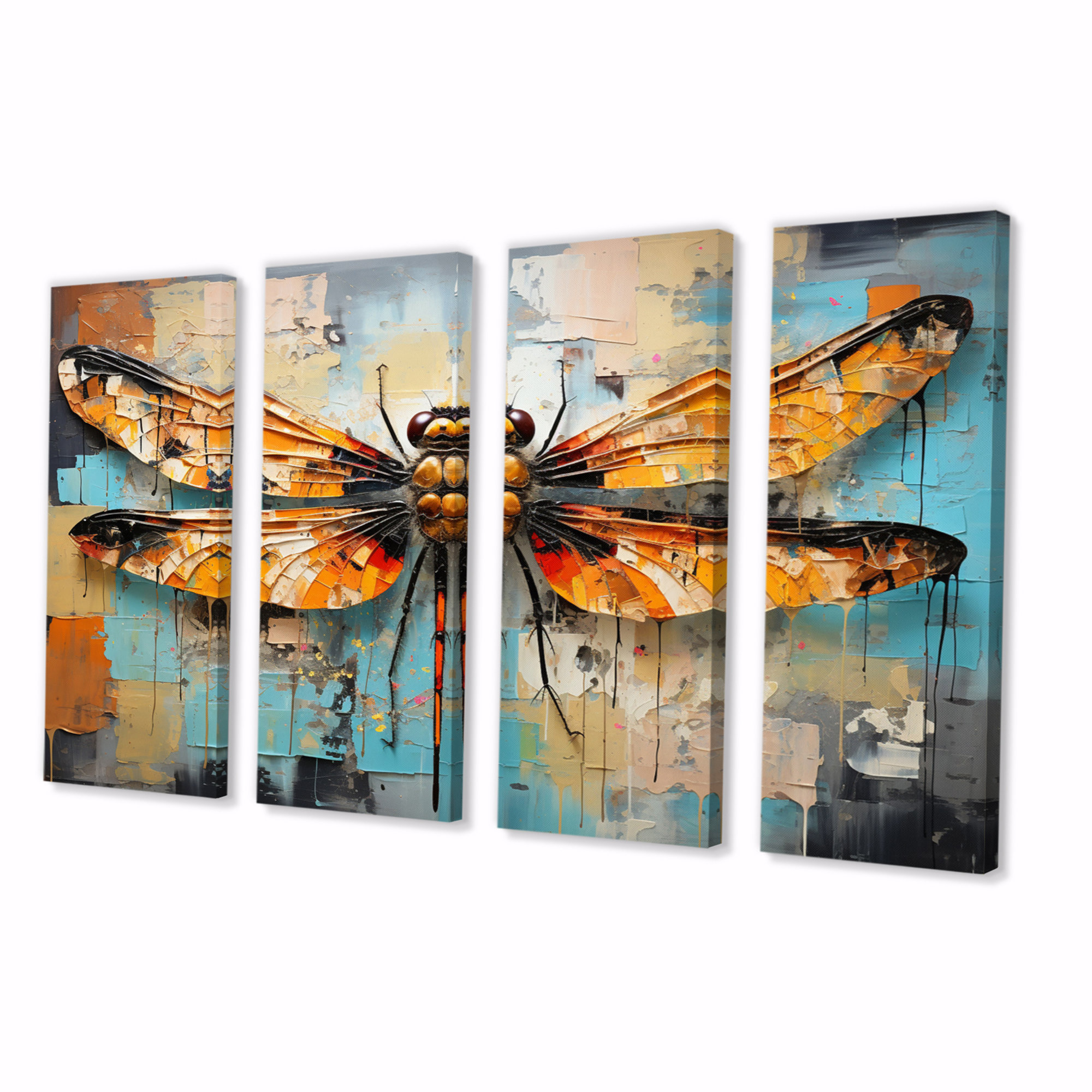Design Art Orange Dragonfly Insects Flight Collage I - Animals Canvas ...