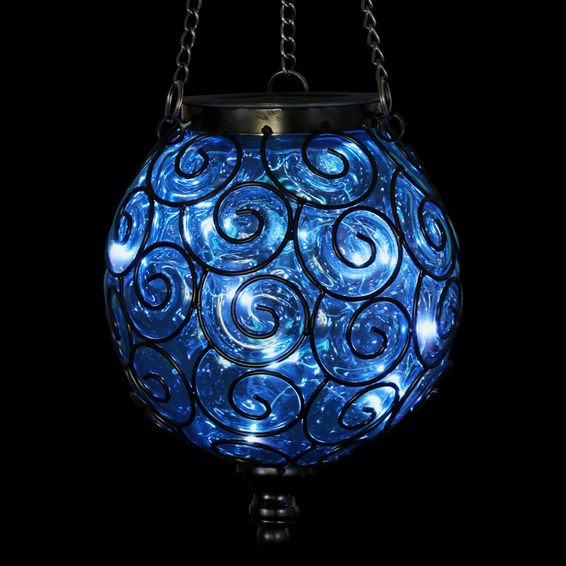Exhart Solar Round Glass and Metal Hanging Lantern with 15 Cool White ...