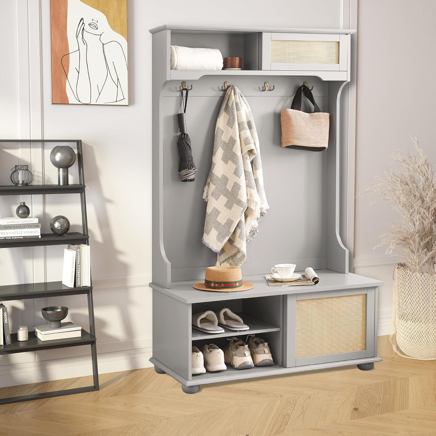 Bay Isle Home™ Casual Style Hall Tree Entryway Bench, Rattan Door ...