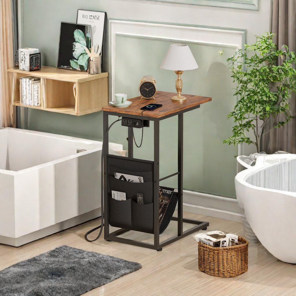 17 Stories Nafie End Table C Shaped Side Table Nightstand with Charging Station, Storage Cloth ...