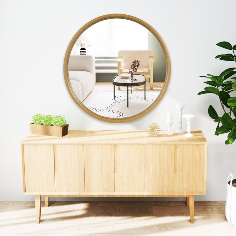 Winston Porter Wood Round Wall Mirror for Bathroom Bedroom Vanity Home ...