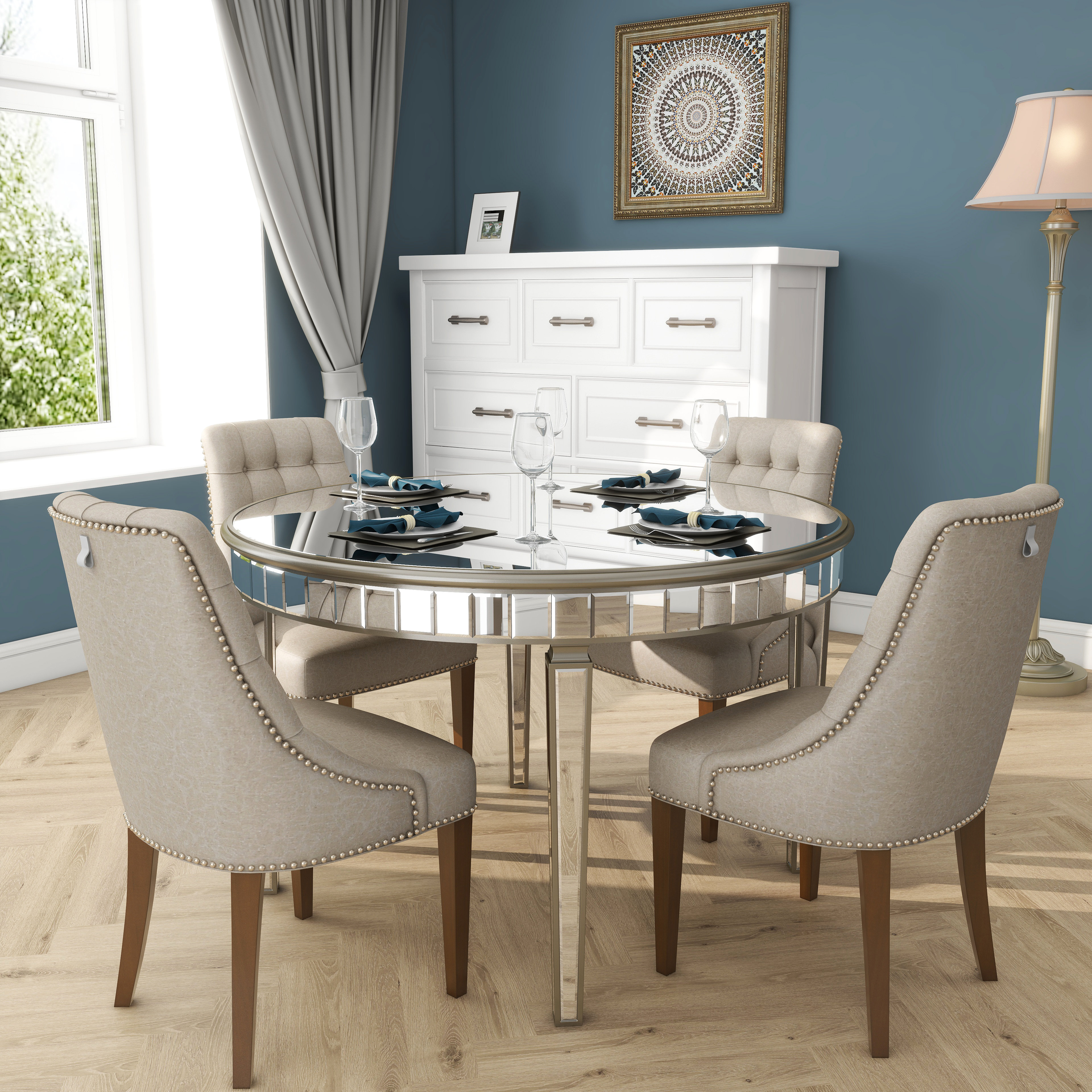 Rosdorf Park Amla 47.24" Round Glass Dining Table with Mirror Top ...
