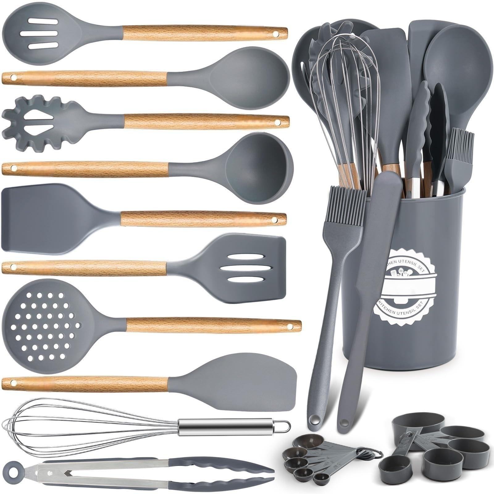shuoli 23 PCS Kitchen Utensils Set, Wood Handle Silicone Cooking ...