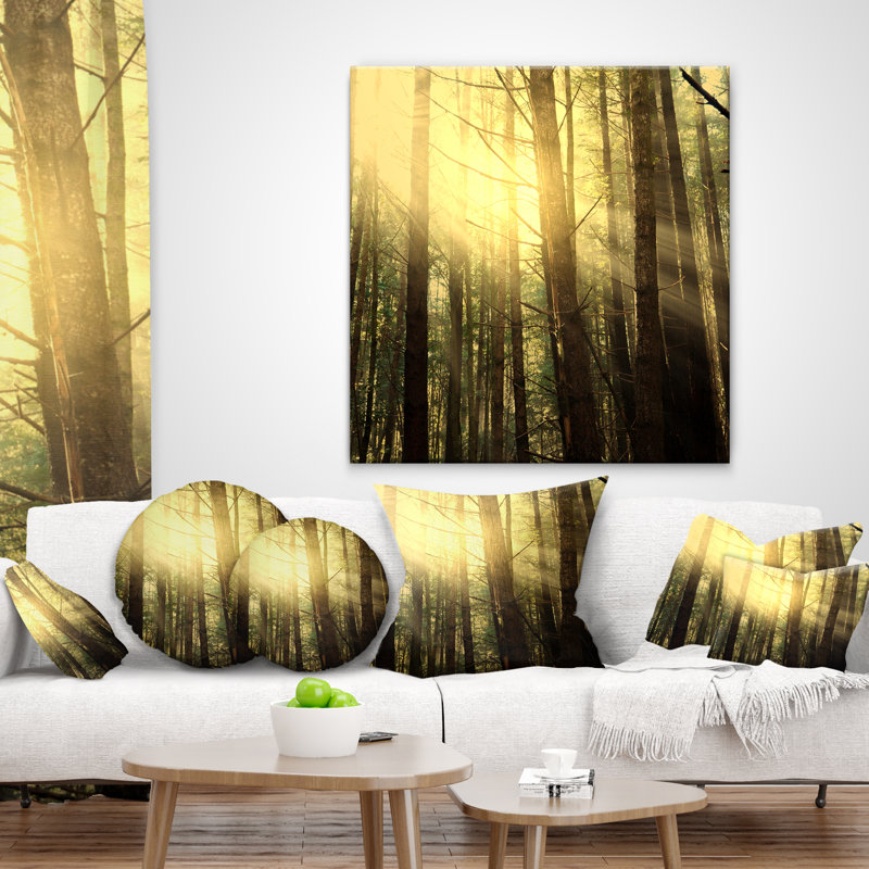 Design Art Dense Green Sunny Forest - Landscape Printed Throw Pillow ...