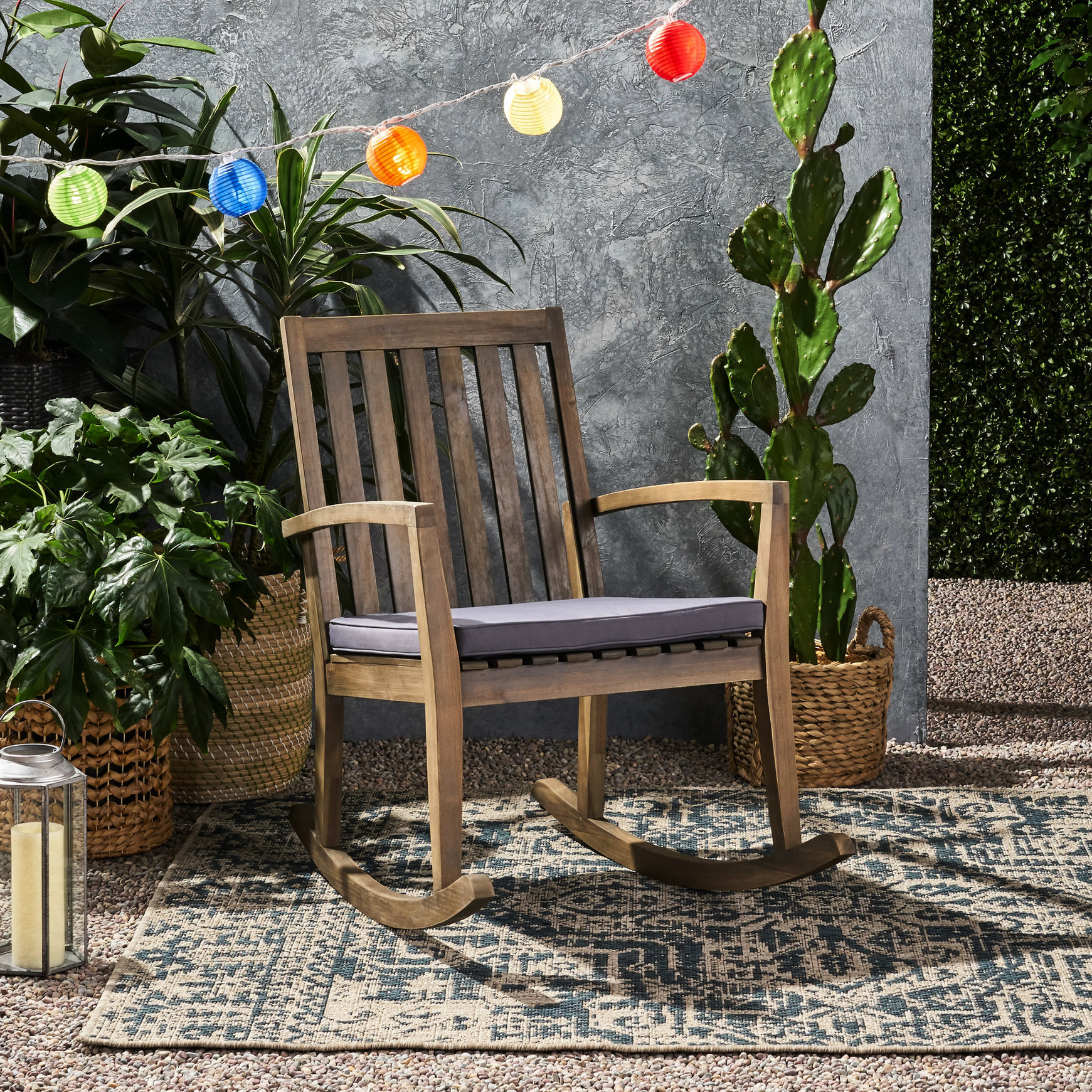 George Oliver Wood Rocking Seat With Dark Gray Cushion For Outdoor ...