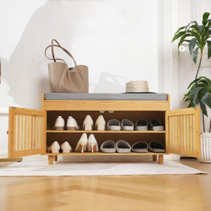 Ebern Designs Bamboo Entryway Bench With Double Doors And Upholstered ...