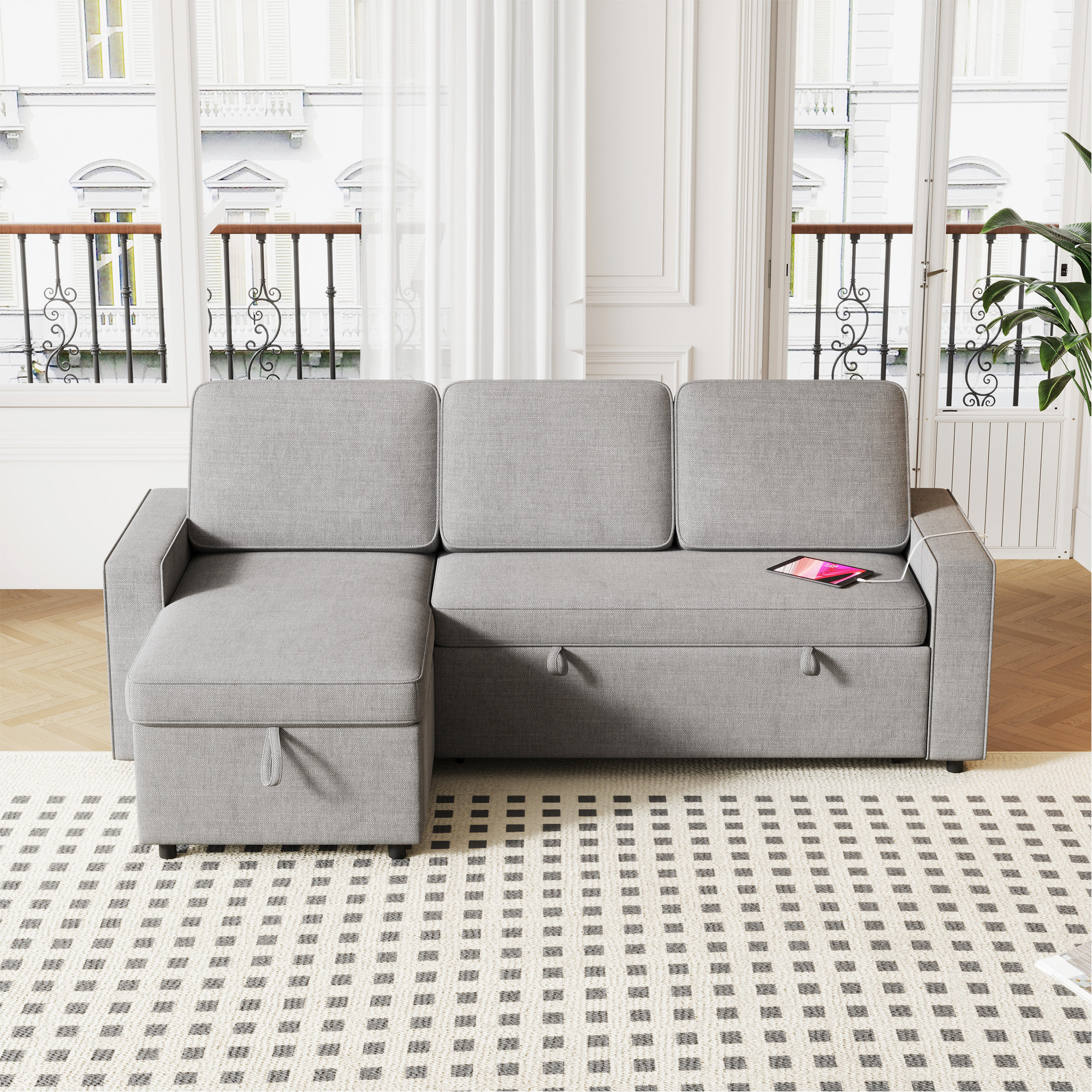 Latitude Run® Versatile Pull Out Sleeper Sofa With Storage Chaise And ...