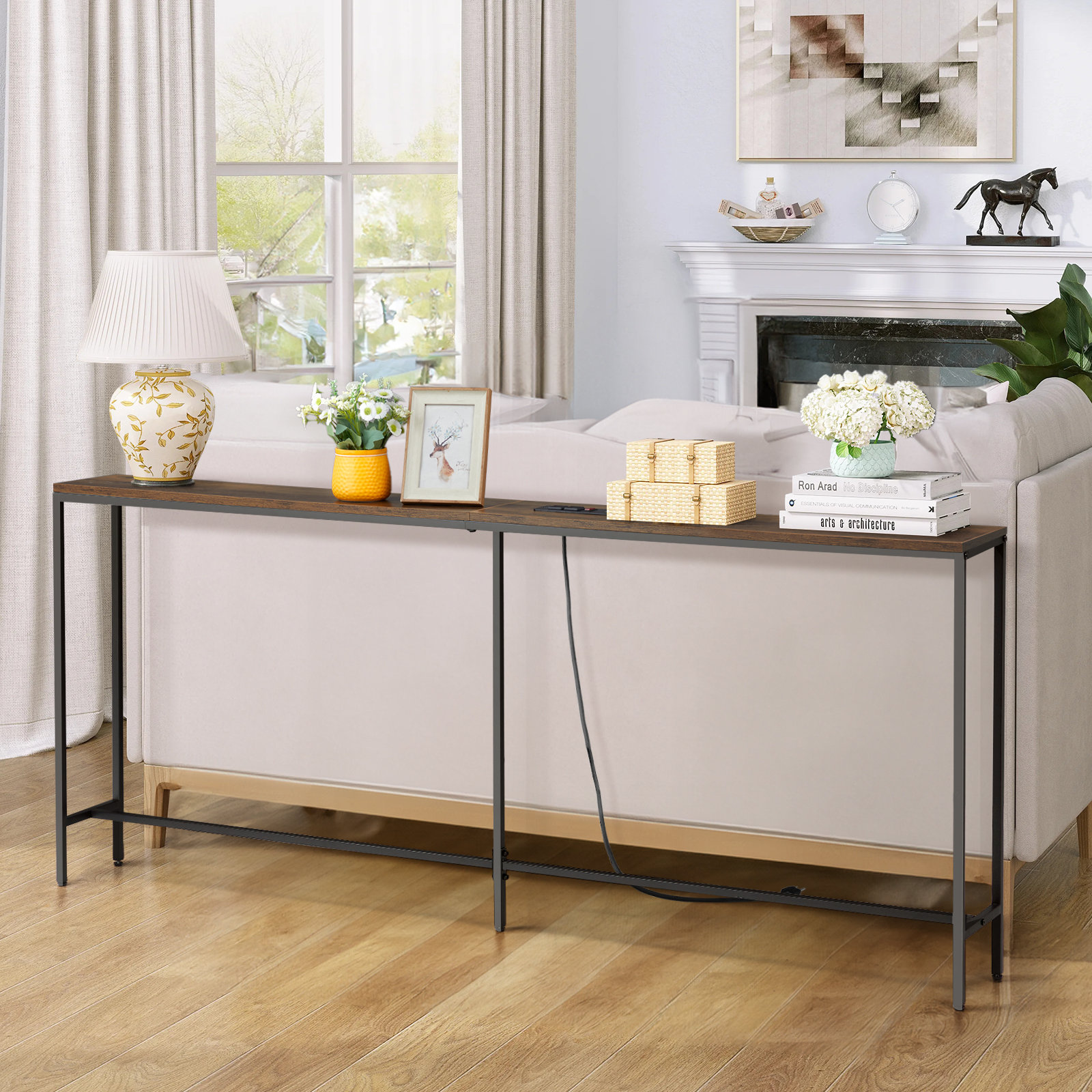 Ophelia & Co. Rustic Grey Narrow Long Console Table With 2 Power ...