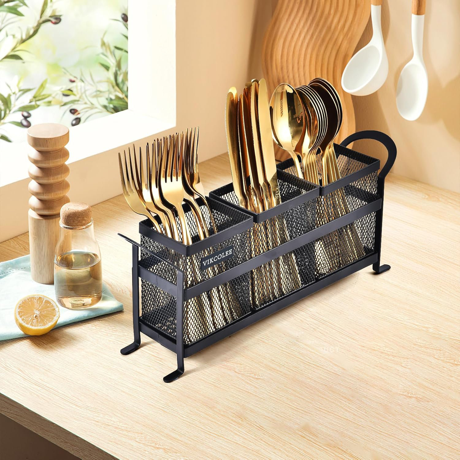 HAPPY LIFE Metal Kitchen Utensil Holder With 3 Compartments - Compact ...