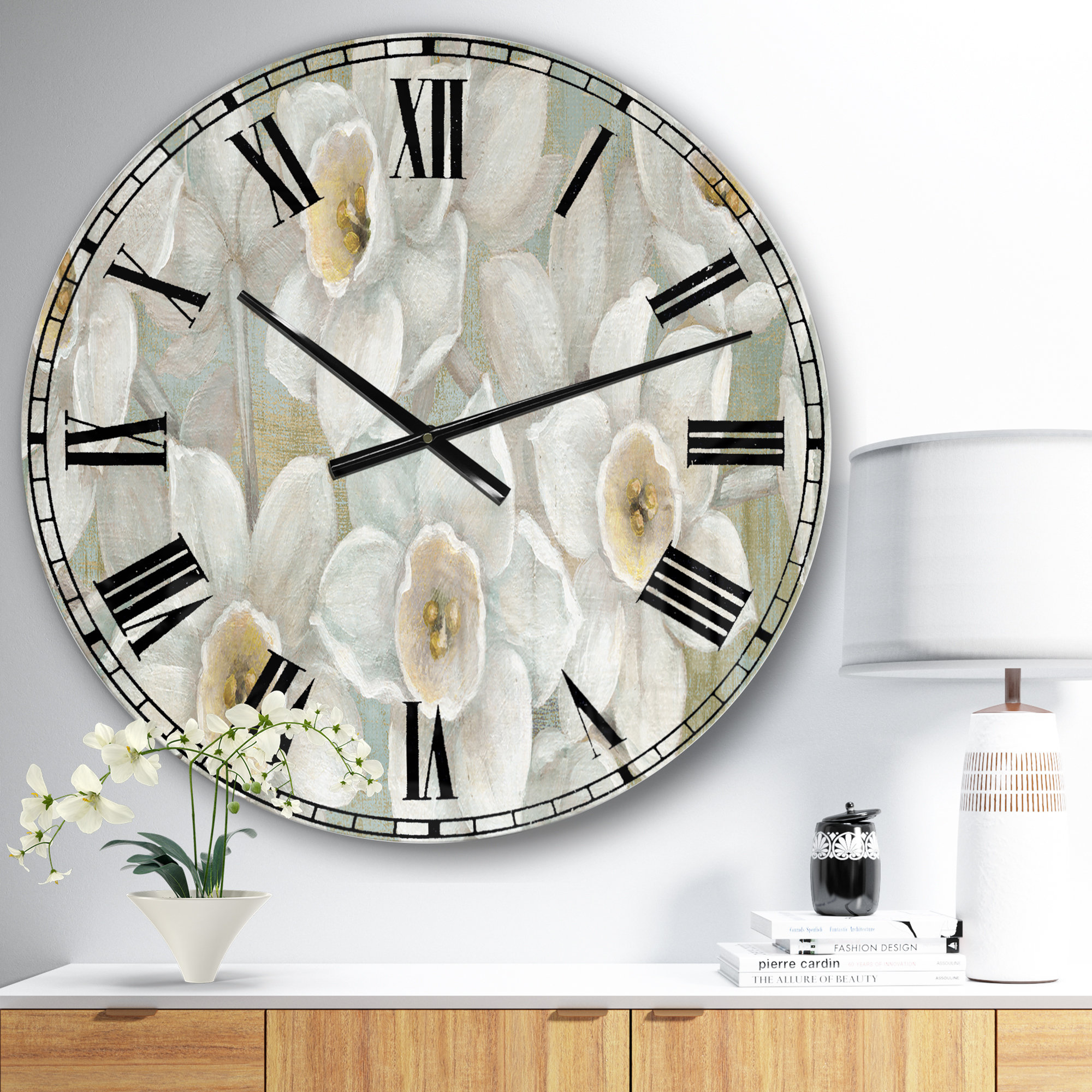 East Urban Home Pure Pastel White flowers - Traditional wall clock ...