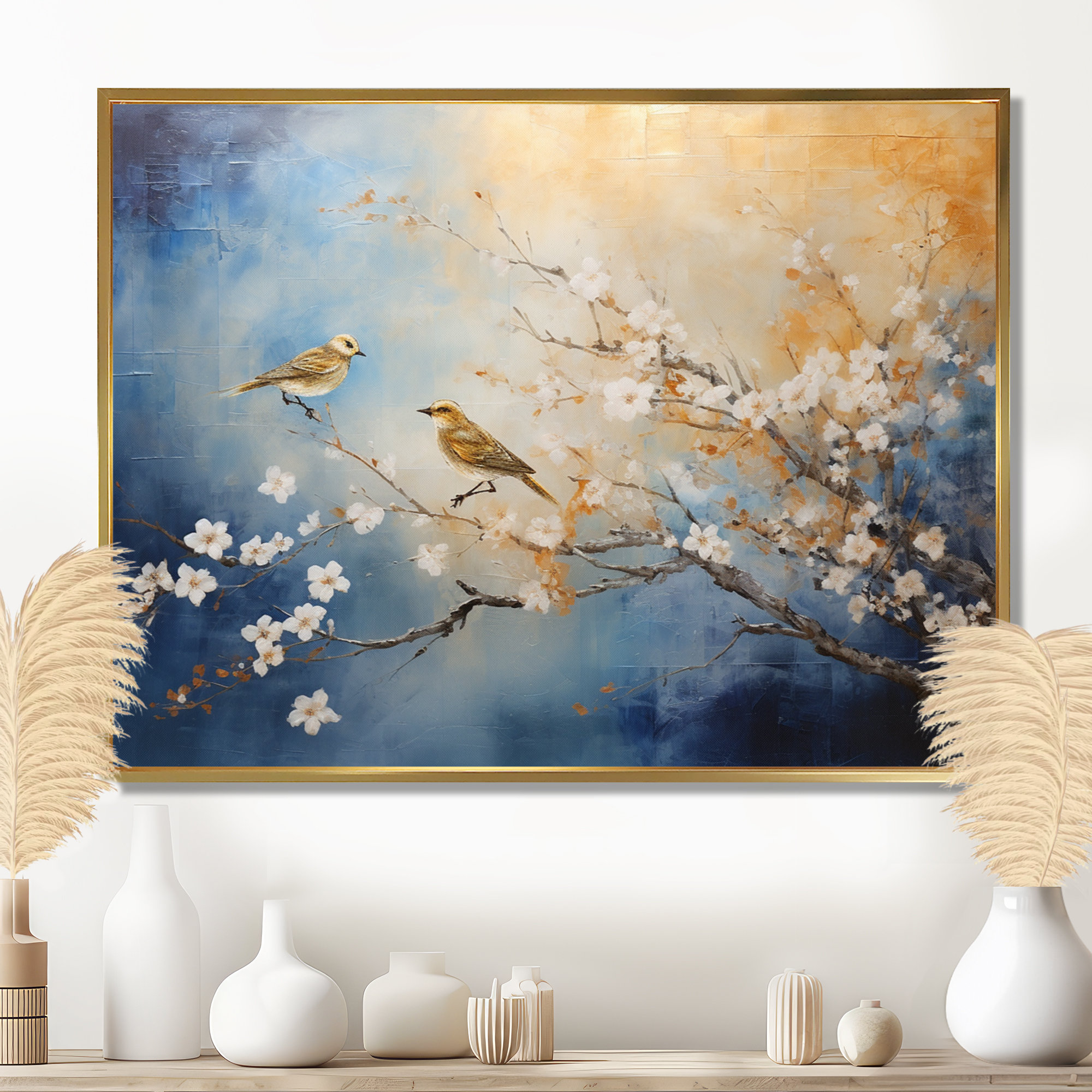 Red Barrel Studio® Gold And Blue Birds On Floral Tree - Bird Wall Art ...