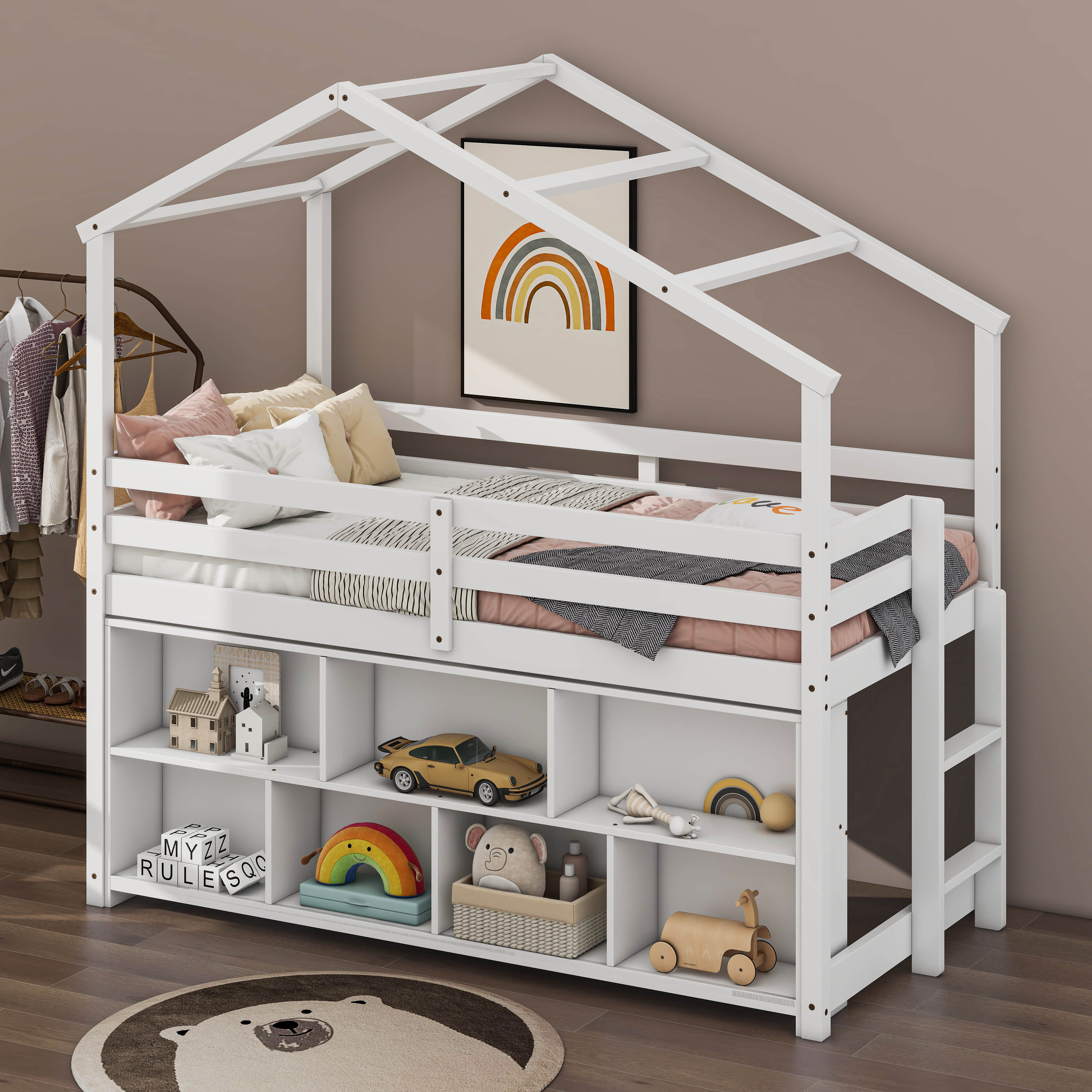 Cosmic Loft Bed Twin, House Loft Bed With Movable Shelving Storage Unit ...