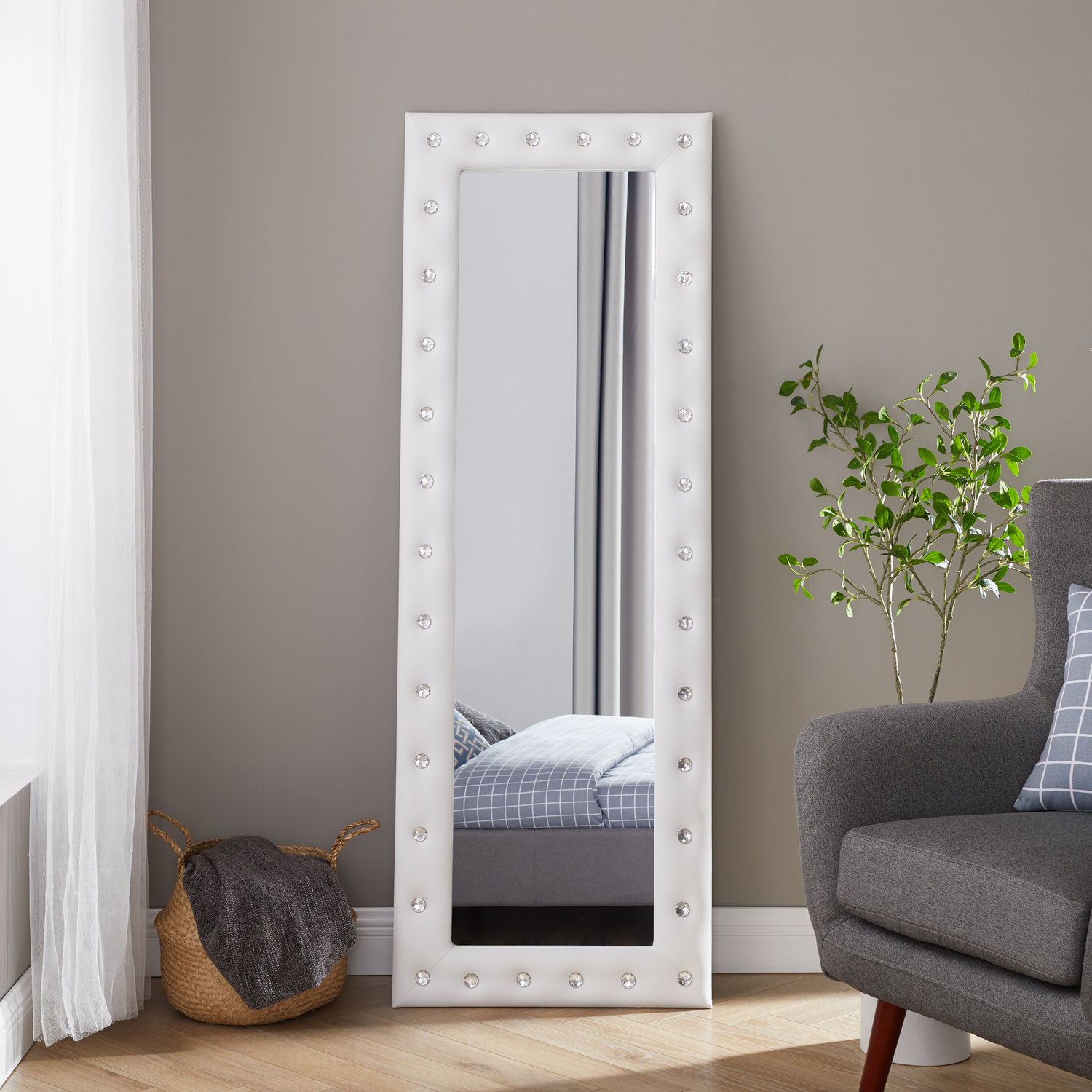 House of Hampton Ennia Crystal Tufted Large Floor Mirror, 63"LX22"W ...