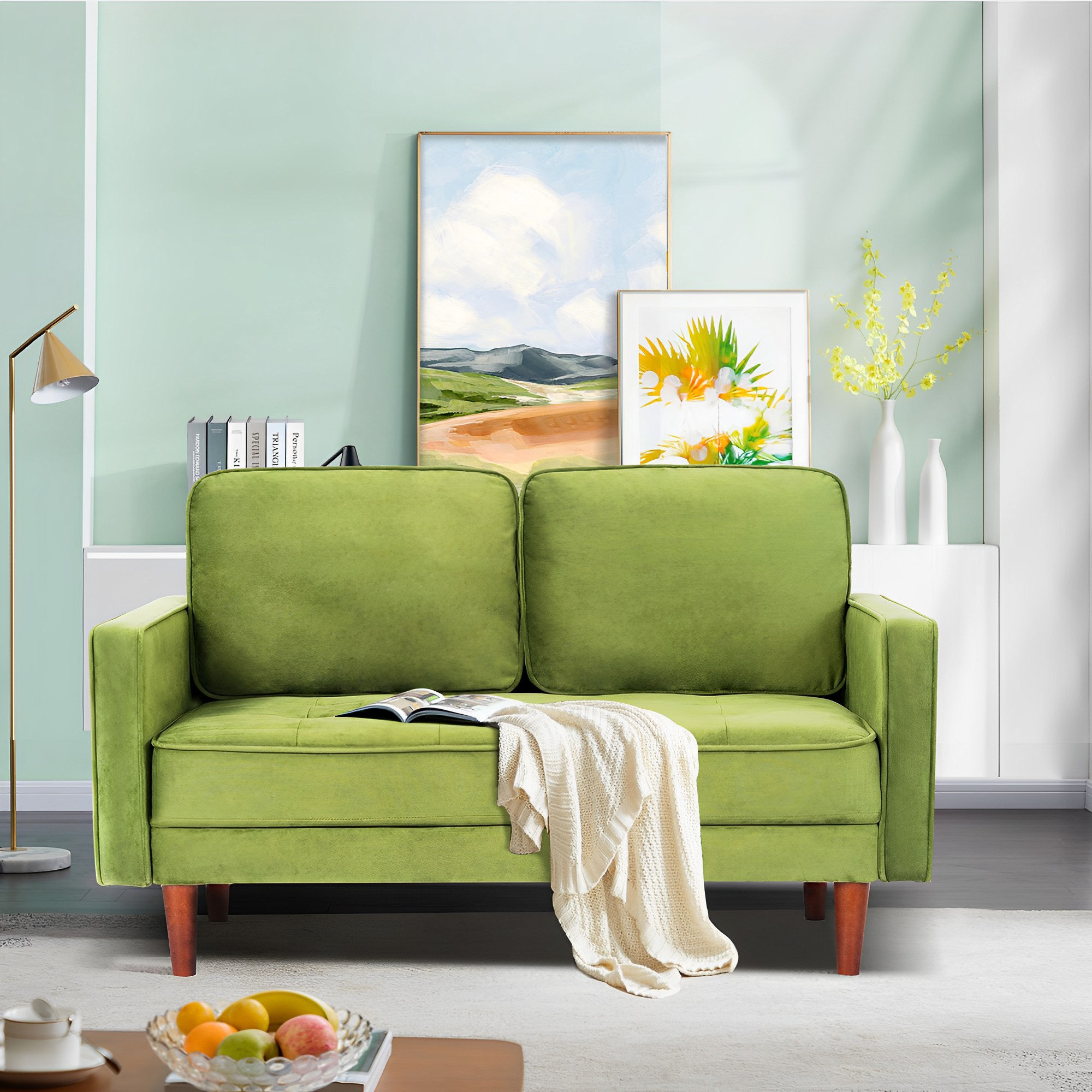 Everly Quinn Causeuse en velours avec accoudoirs carrés et structure en ...