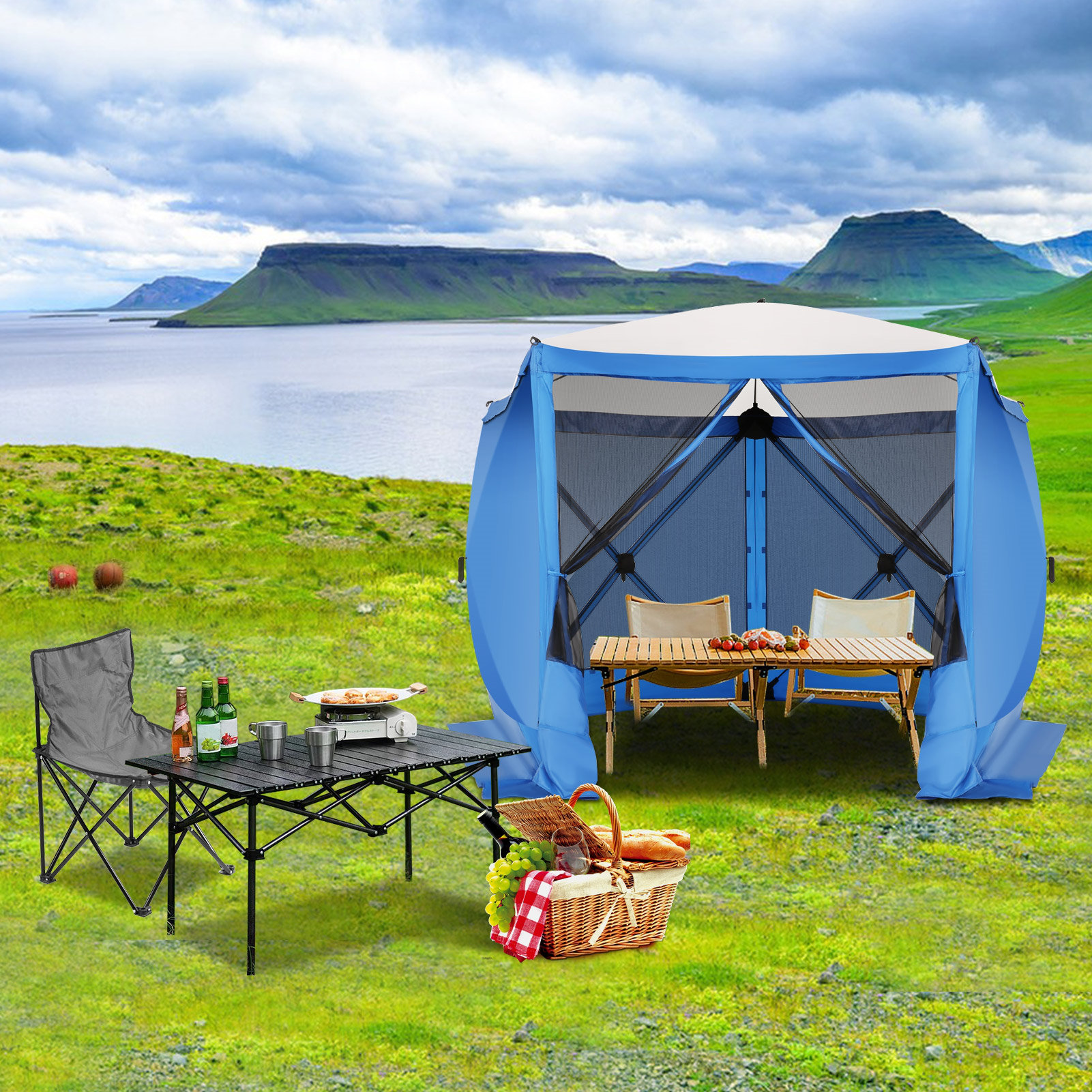 HOTEEL 10x10ft Camping Gazebo Screen Tent, 5 Sided Pop-up Canopy ...