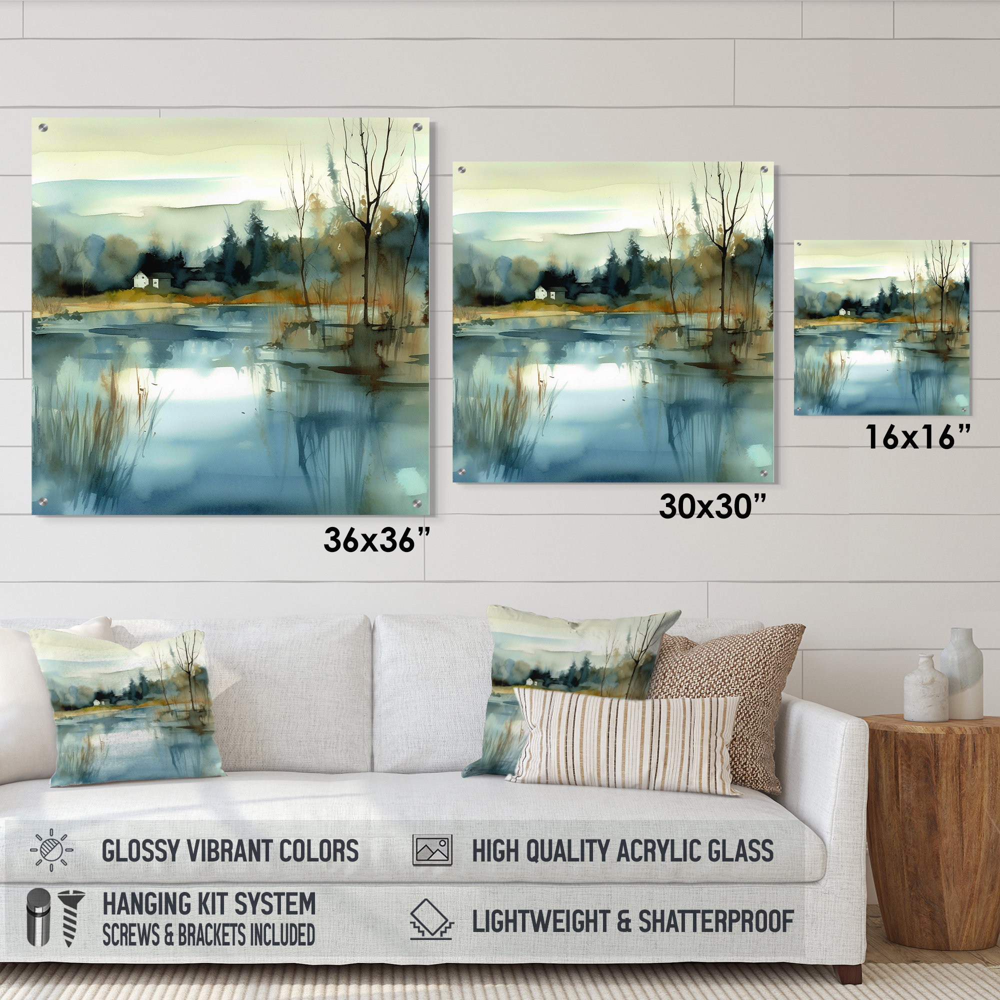 Design Art Summer Lake Landscape Illustration V - Lake Acrylic Wall Art ...