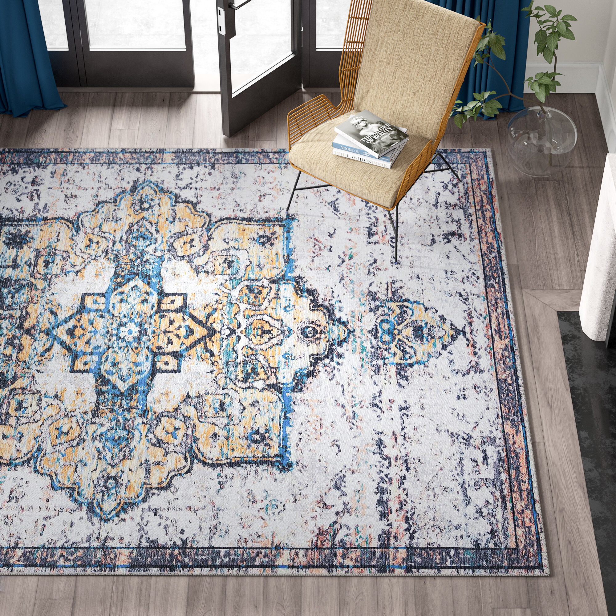 Langley Street Hyler Performance Teal/Yellow/Gray Rug & Reviews | Wayfair