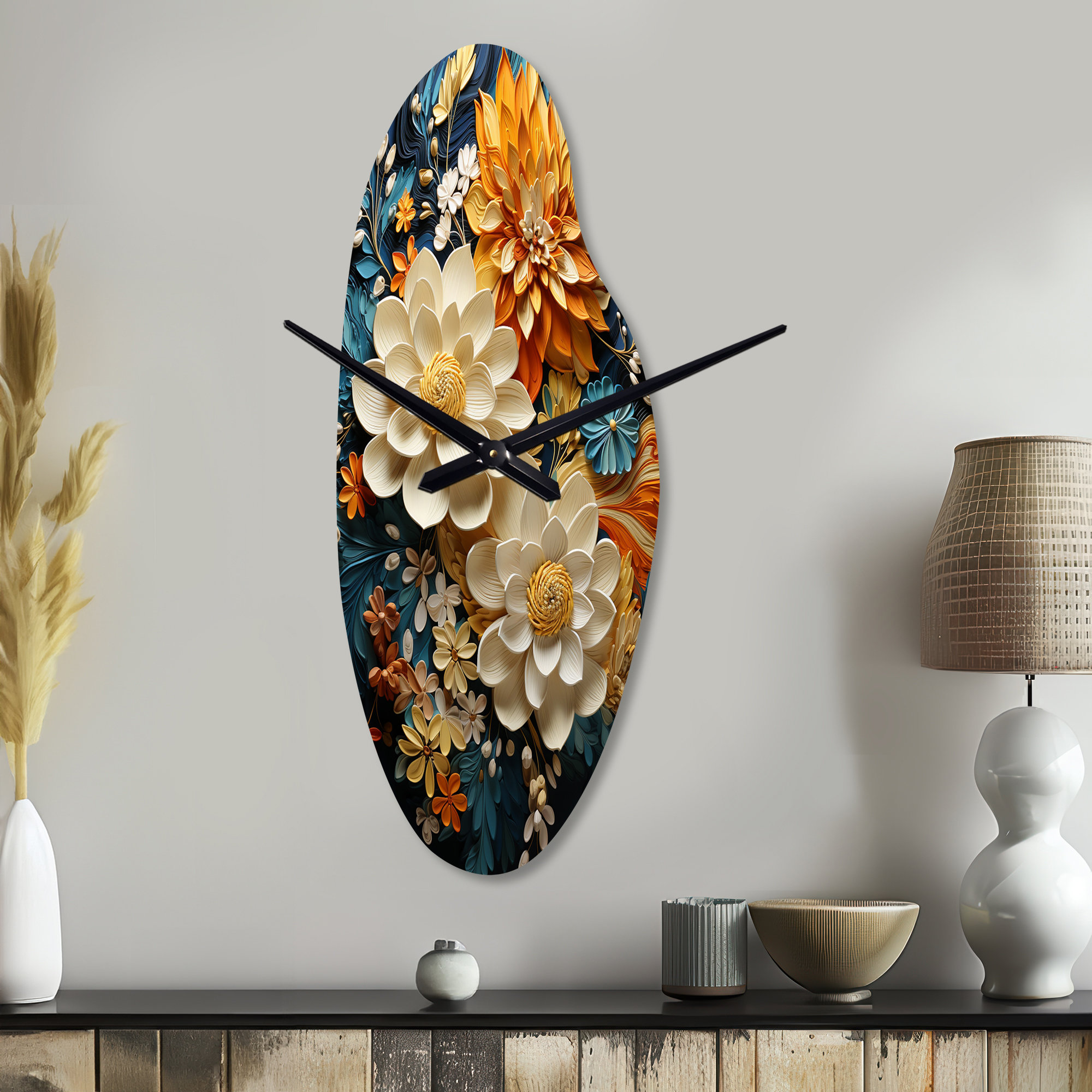 Design Art Orange Teal Botanical Whirlwind II - Botanicals Curved Metal ...