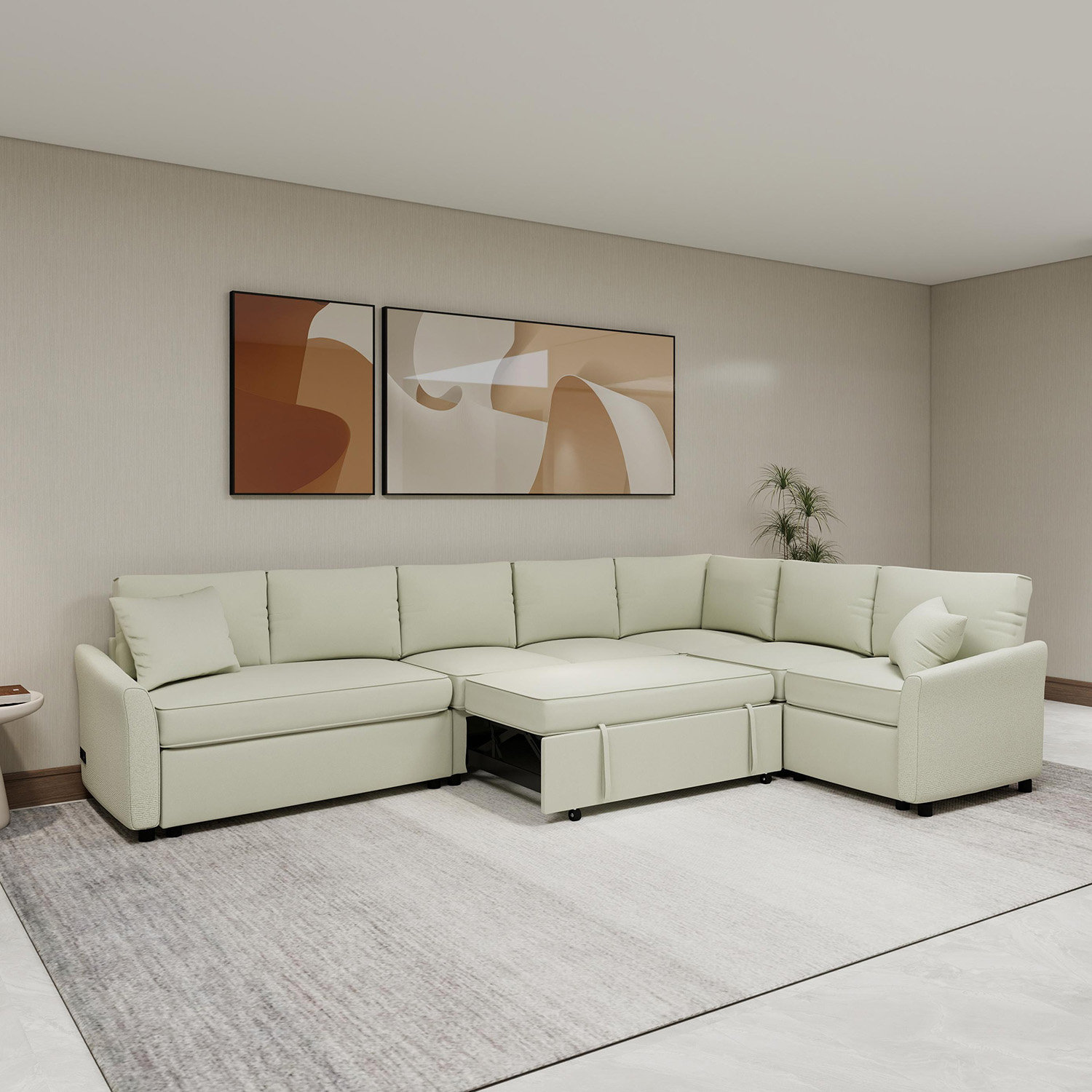 Hokku Designs 124.8-inch Beige L-shaped Sofa Convertible Pull-out Sofa ...