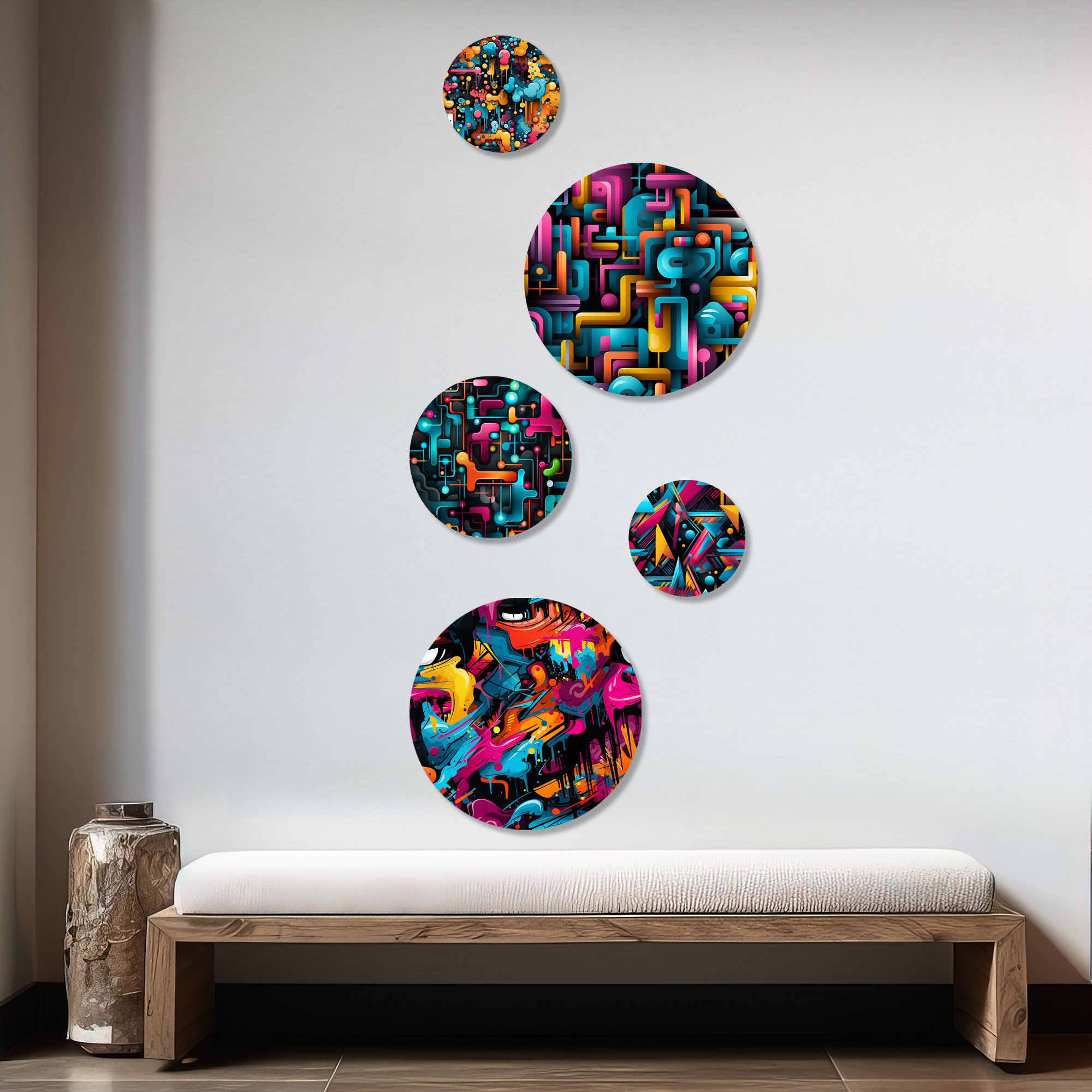 Design Art Popart Neon Graffiti Fusion II - Geometric Modern Round Wall ...