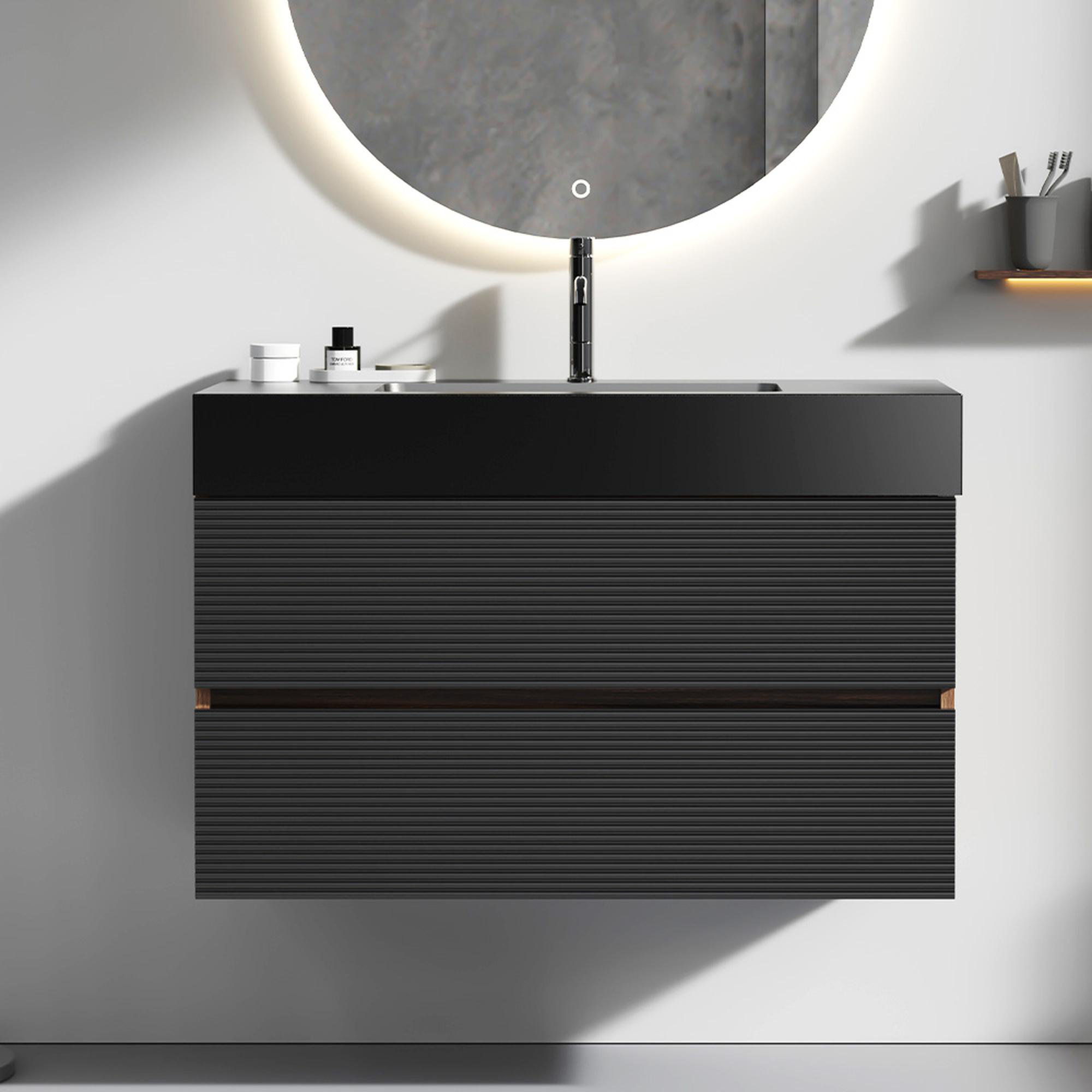 George Oliver 36" Walnut Bathroom Vanity with Matt Black Engineered ...