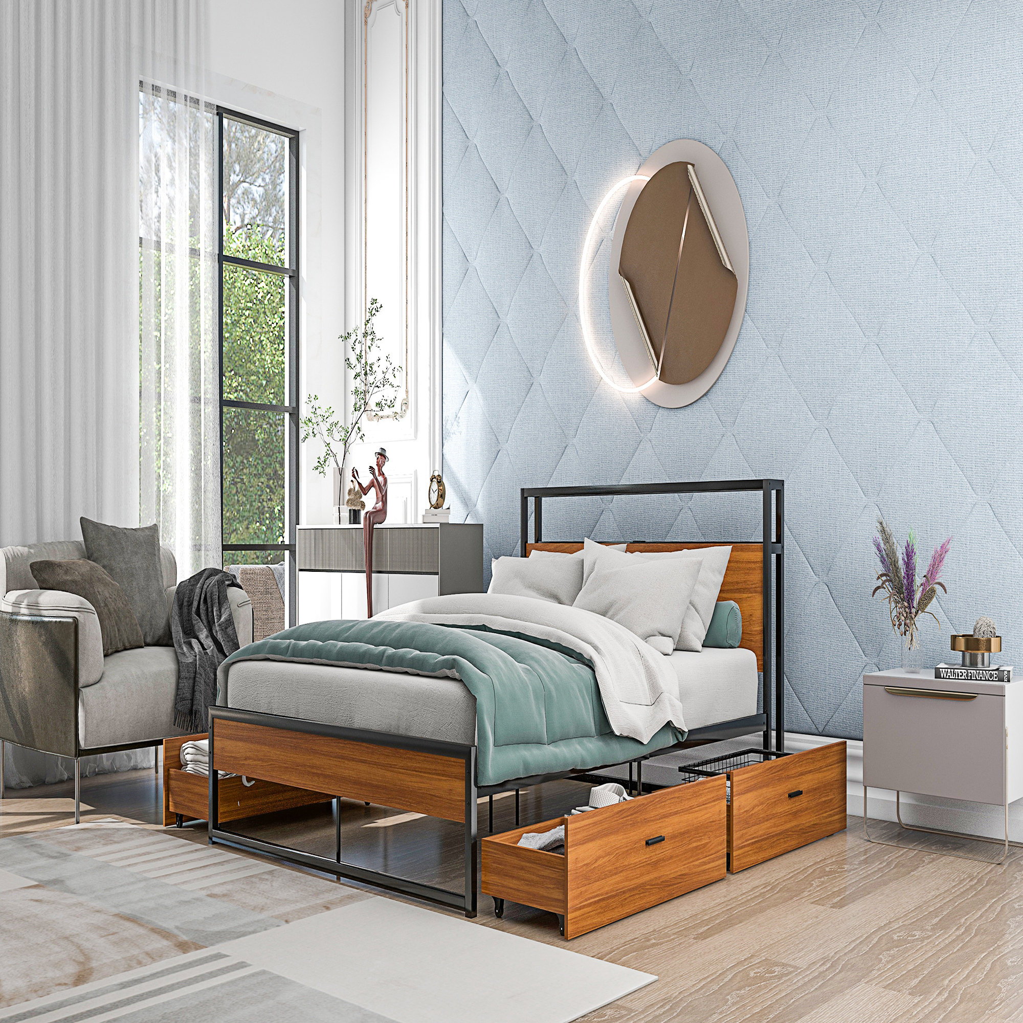 17 Stories Sadrack Metal Platform Bed, Bed Frame with Four Drawers ...