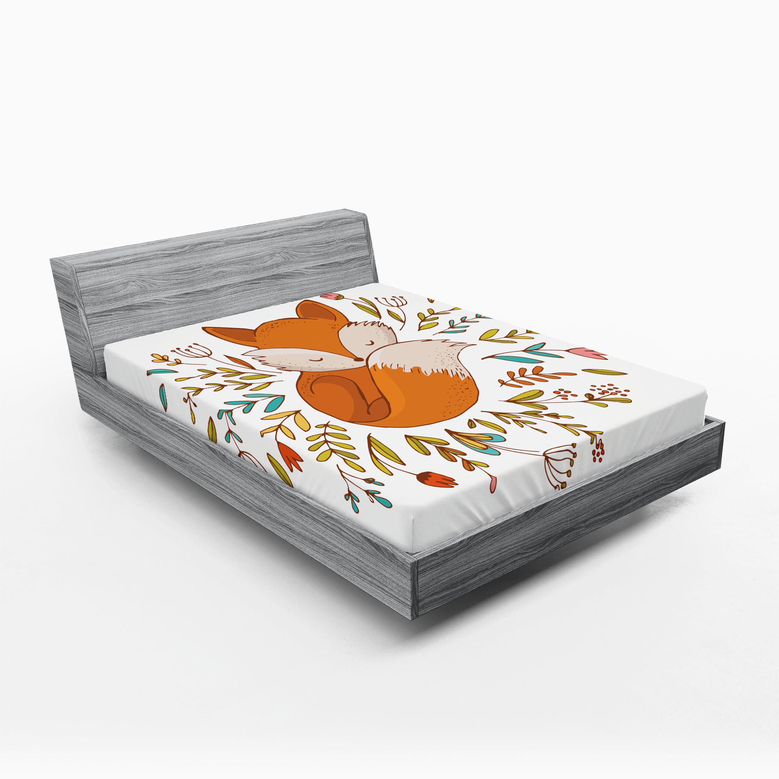 Ambesonne Cartoon Fitted Sheet 2-Pack Fox Flowers Dark Orange White ...