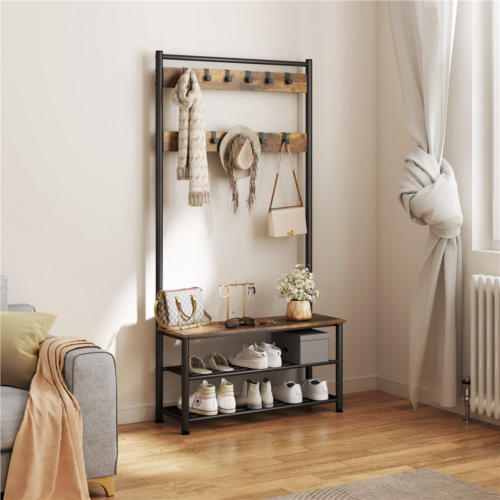 17 Stories 73” H Metal Hall Tree Entryway Coat Rack with Shoe Storage ...
