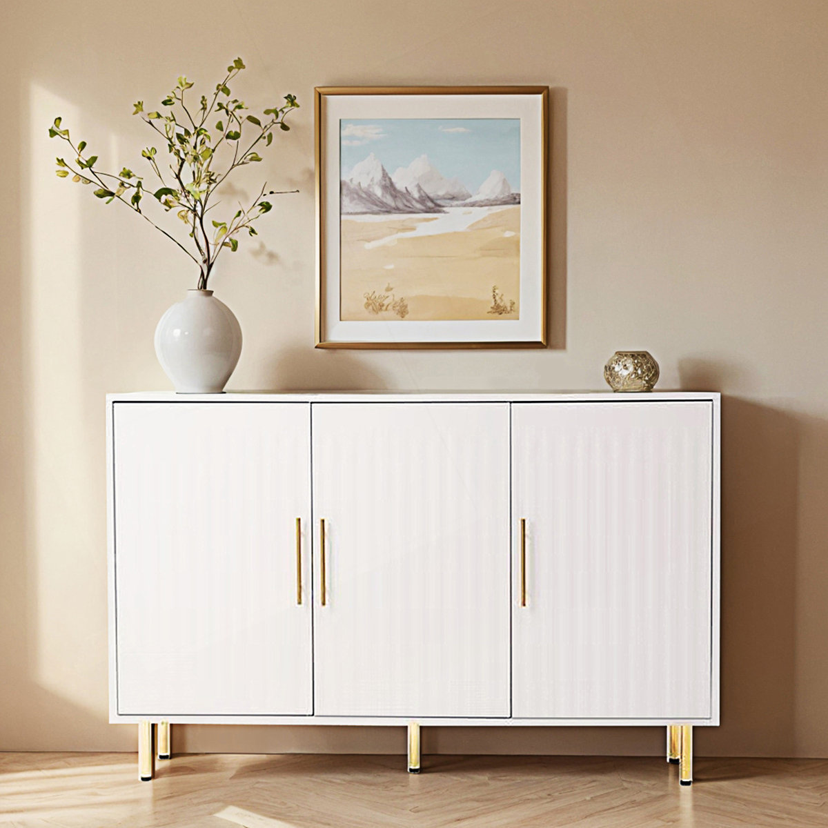Mercer41 3-Door Large Storage Sideboard With Gold Handles, Buffet ...
