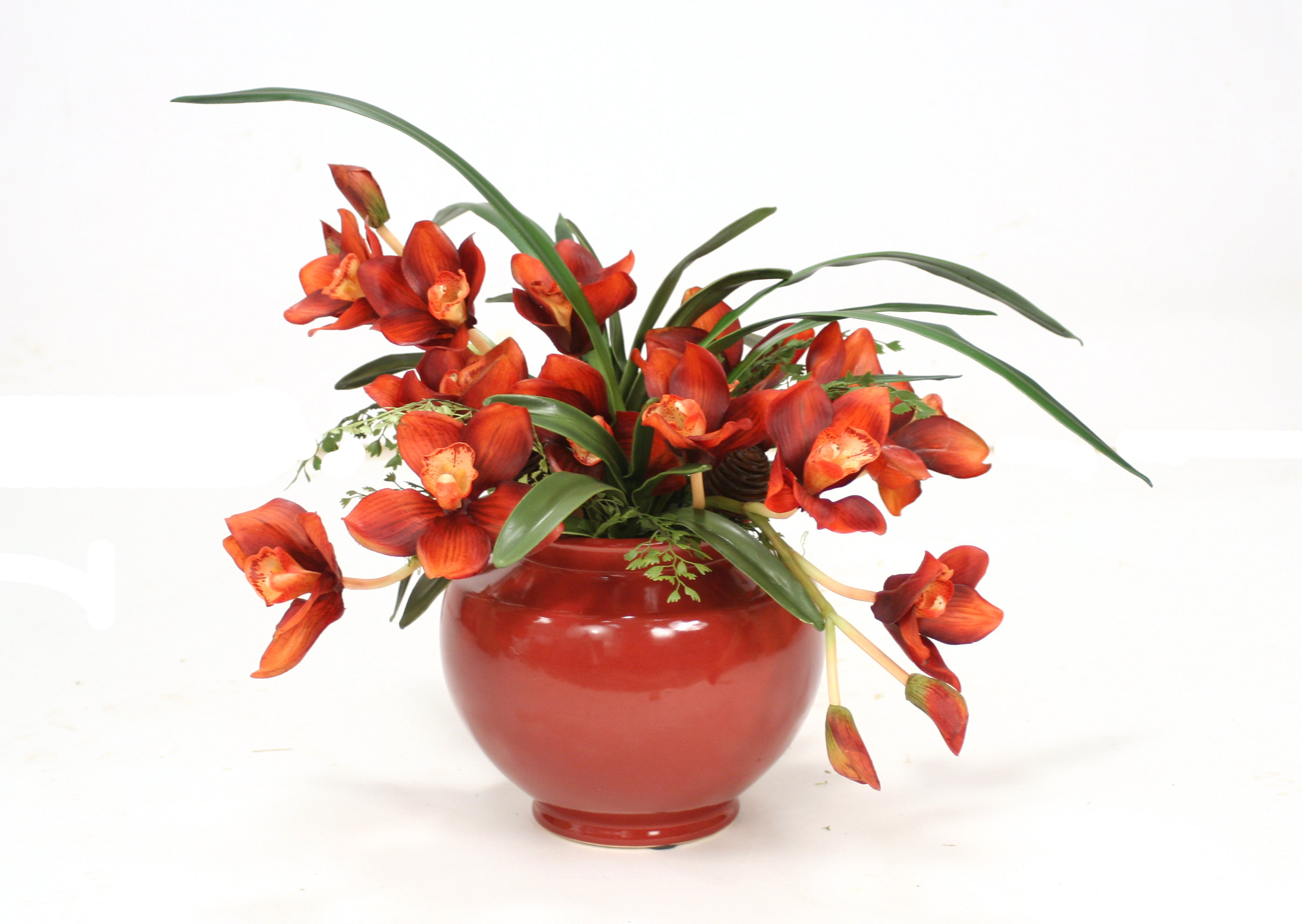 Distinctive Designs Rust Orchids With Maiden Hair Fern In Red Ceramic ...