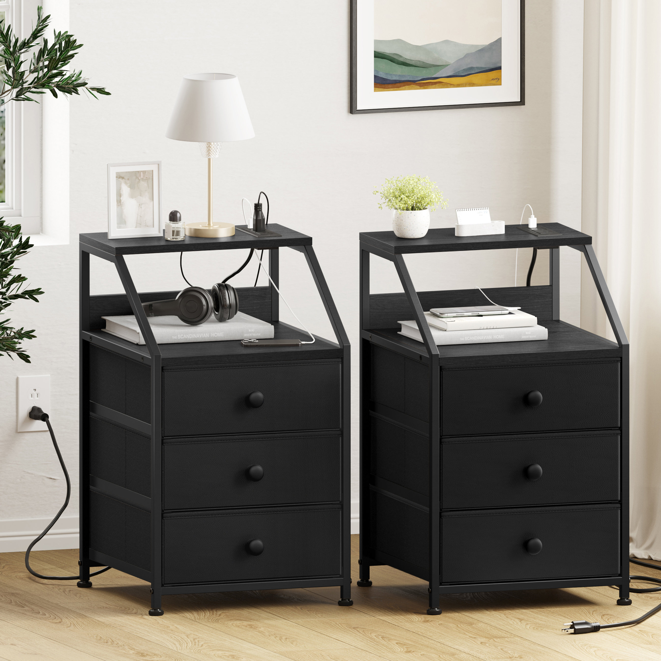 17 Stories Travison Nightstands with 3 Drawers & Outlets, Bedside ...