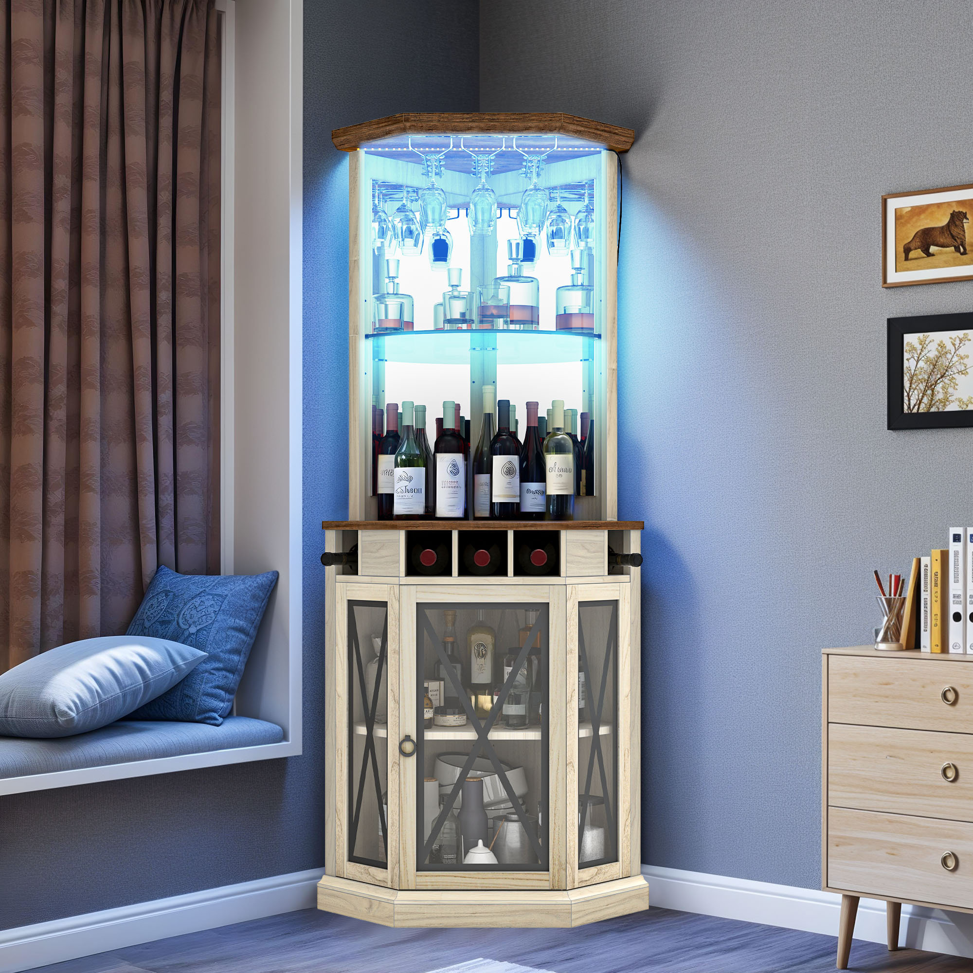 Gracie Oaks Sophisticated Corner Wine Bar Cabinet with LED Ambience and ...