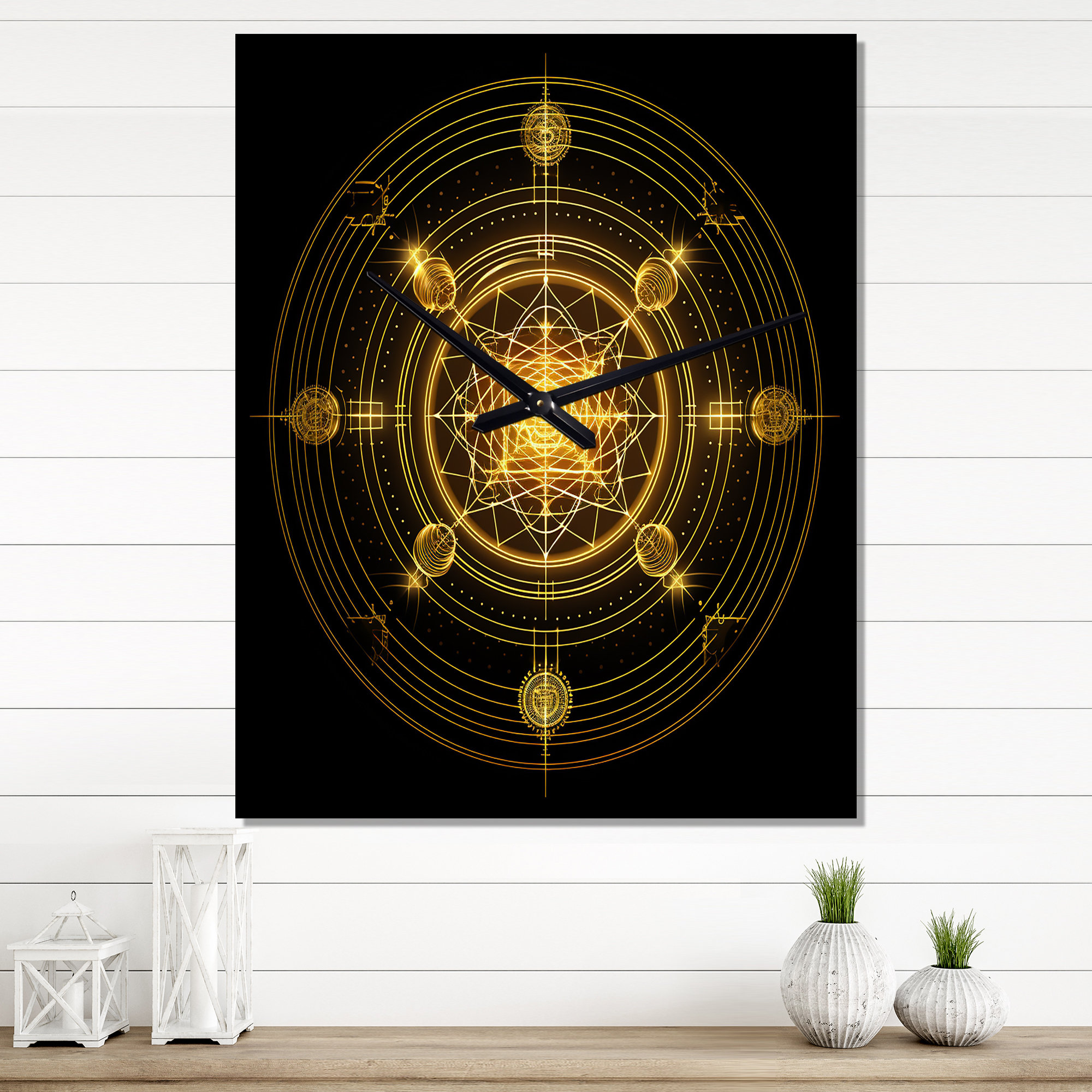 Design Art Knowing Sacred Geometry Gold On Black I - Modern Geometric Very Large Wall Clocks ...
