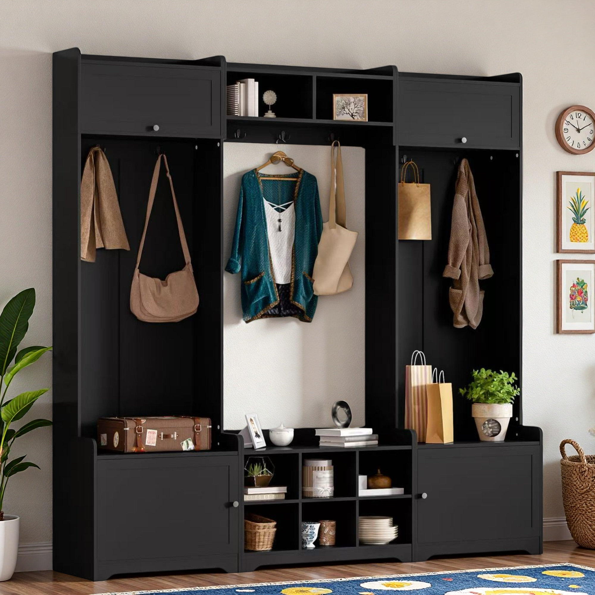 Hokku Designs 4-in-1 Modern Hall Tree With Shoe Storage, Cubbies, Coat ...