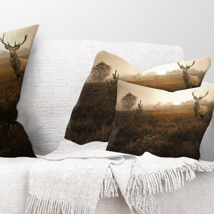 Design Art Mist Forest with Deer Stag Landscape Photo Lumbar ...