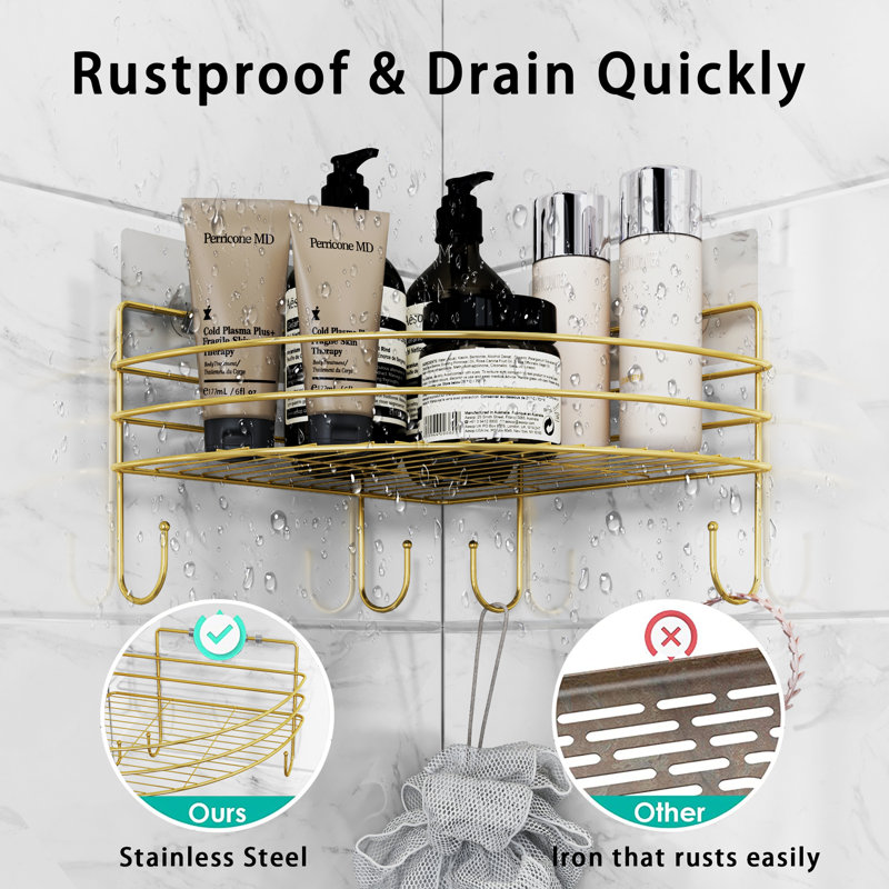 Rebrilliant Gold Corner Shower Shelves with 4 Hooks, 2-Tier Stainless ...
