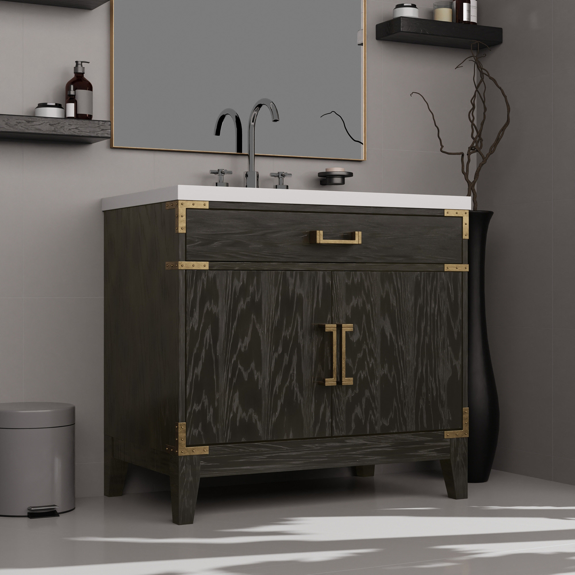 Williston Forge Black Oak Single Bath Vanity 36 in. W x 22 in. D, with White Quartz Top | Wayfair