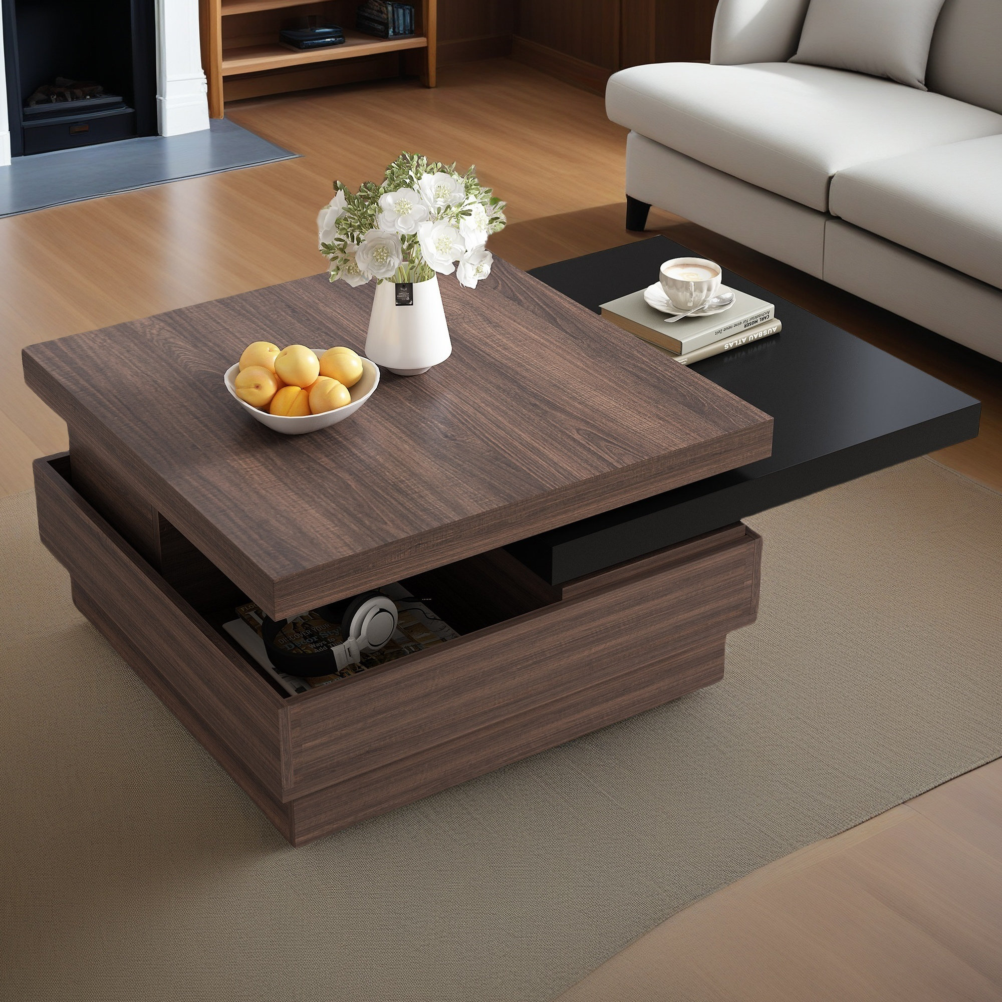 Latitude Run® Rotatable Top Coffee Table, Modern Square Coffee Table ...