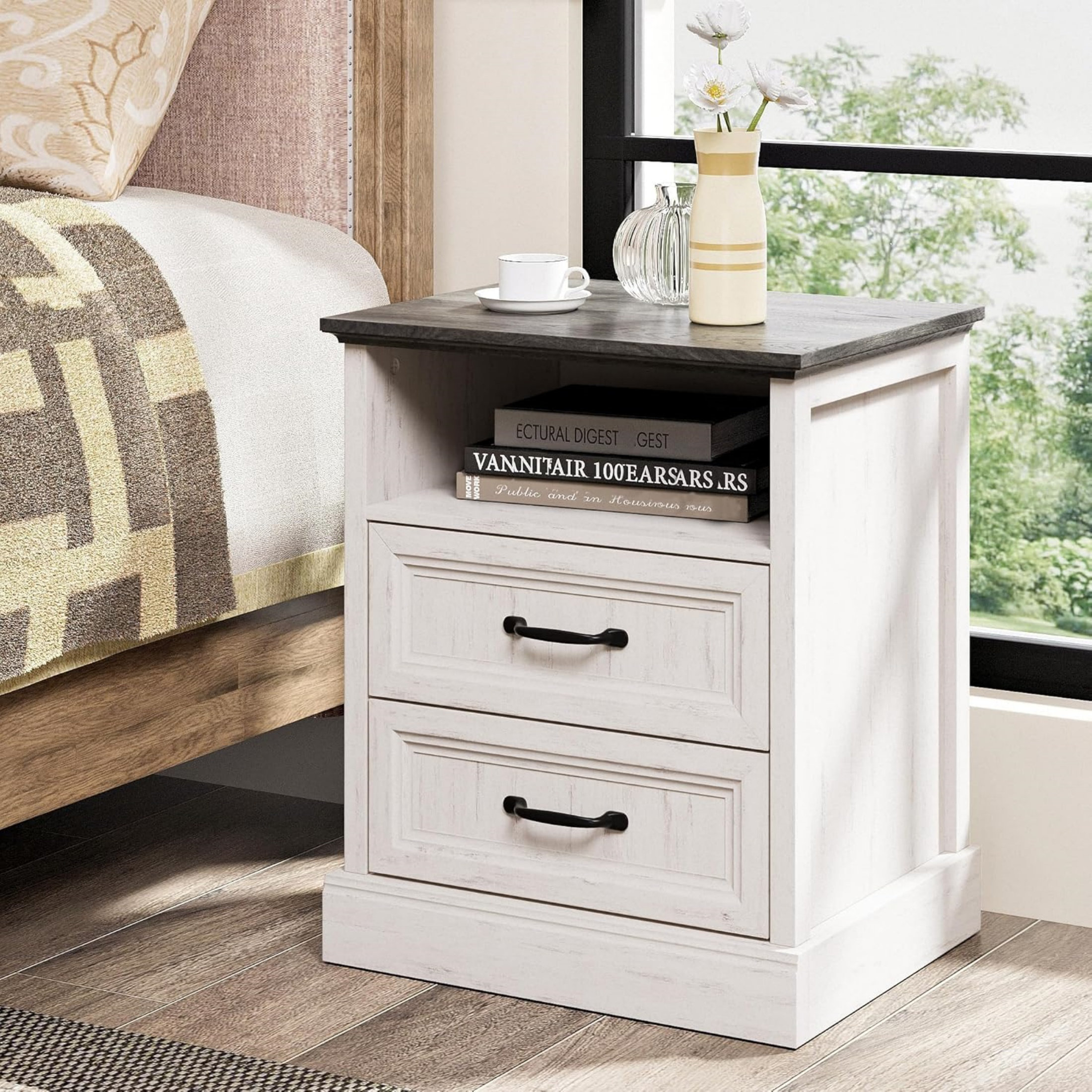 One Allium Way Table de chevet Farmhouse avec 2 tiroirs et tablette ...