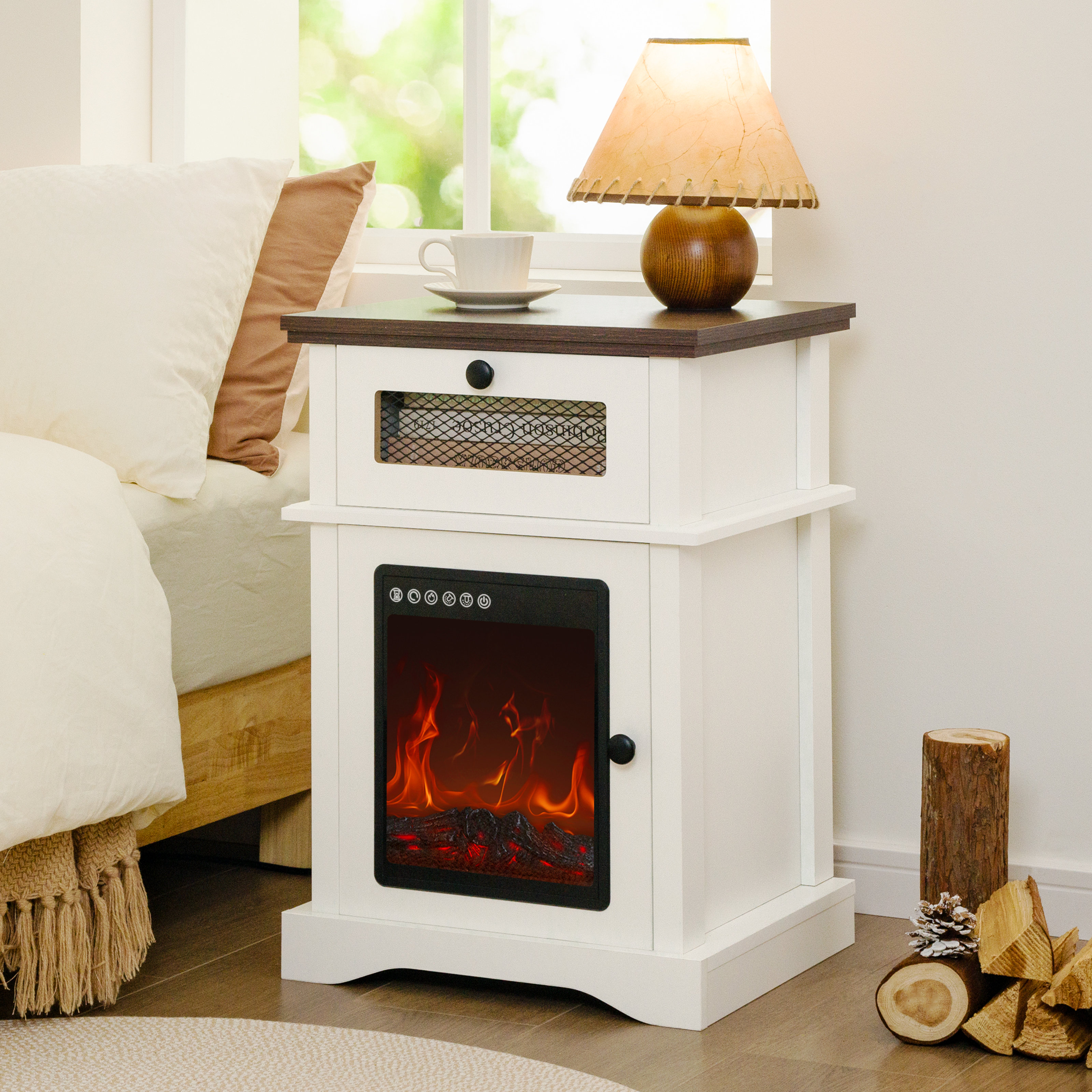 August Grove Fireplace Led Night Stand Farmhouse Bedside Table ...