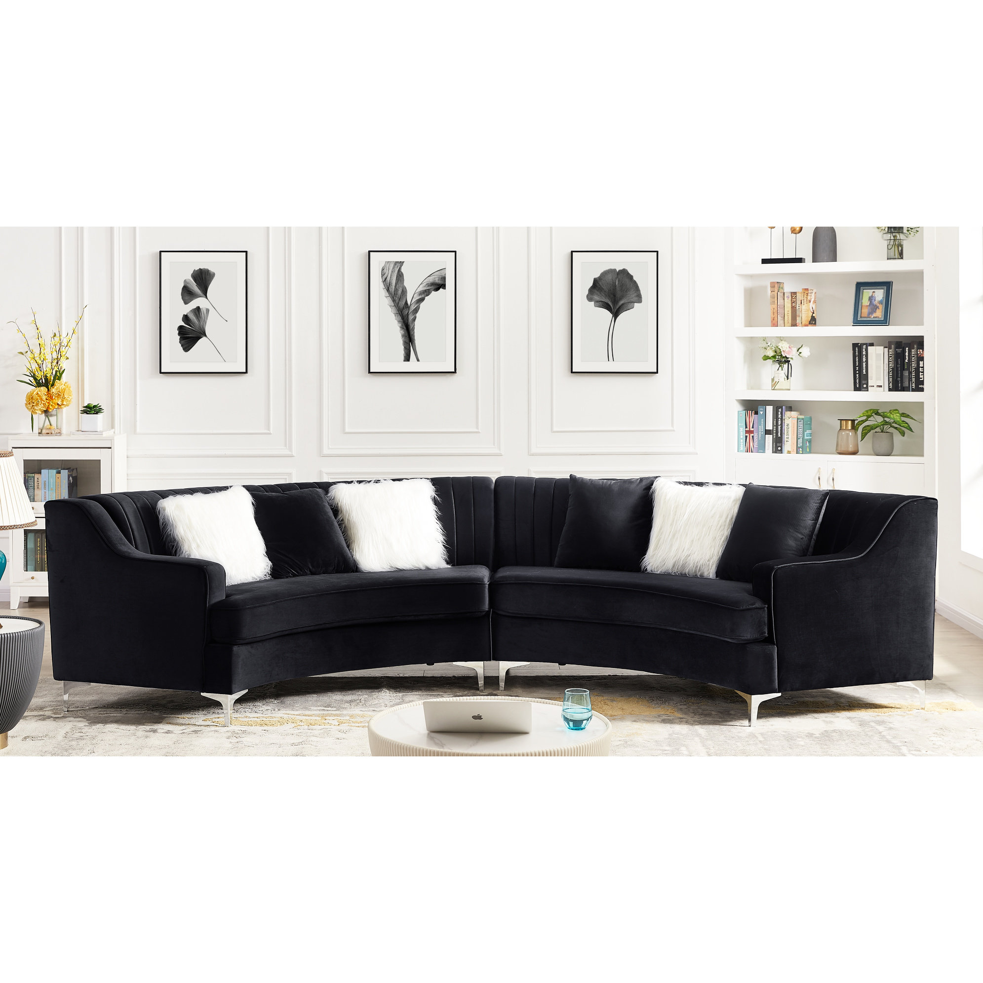Everly Quinn Black Curved Velvet Comfortable - High Density Sponge ...