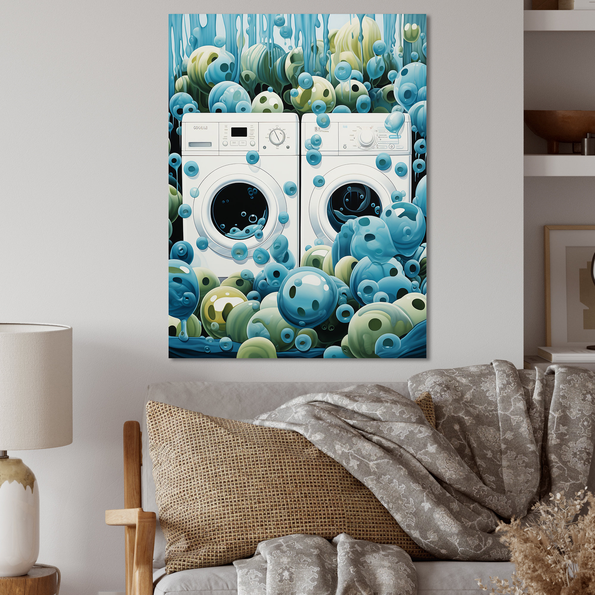 Ivy Bronx Blue And White Landry Bubble Trouble - Laundry Metal Wall Art ...