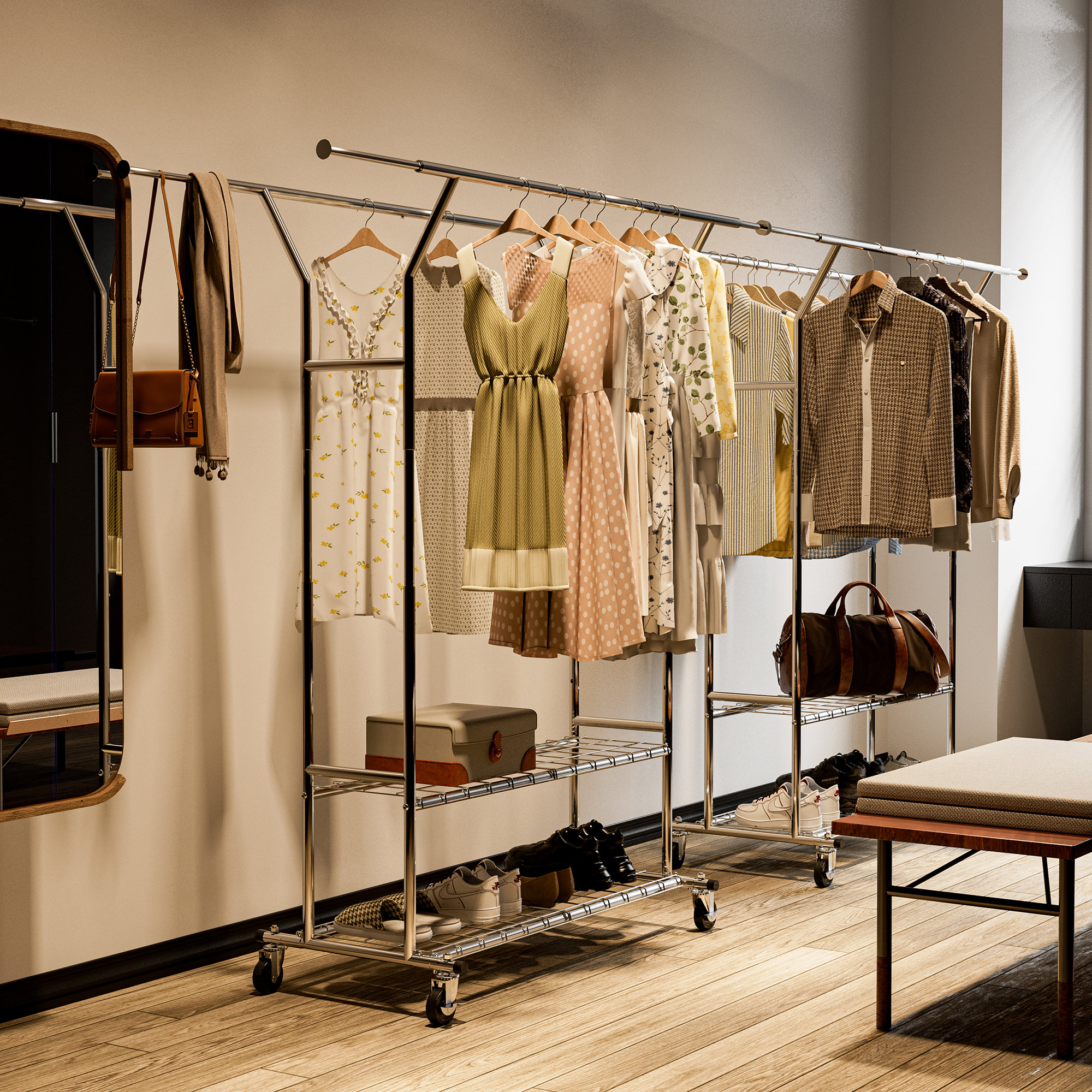 Rebrilliant Pekka 600 LBS Metal Clothing Rack, Rolling Garment Rack ...