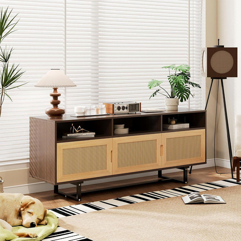Bay Isle Home™ Retro Rattan Console Table 3-door Storage Sideboard, TV ...