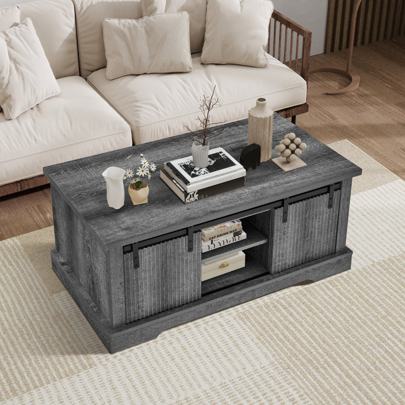 Gracie Oaks Farmhouse Coffee Table With Storage Sliding Barn Door | Wayfair