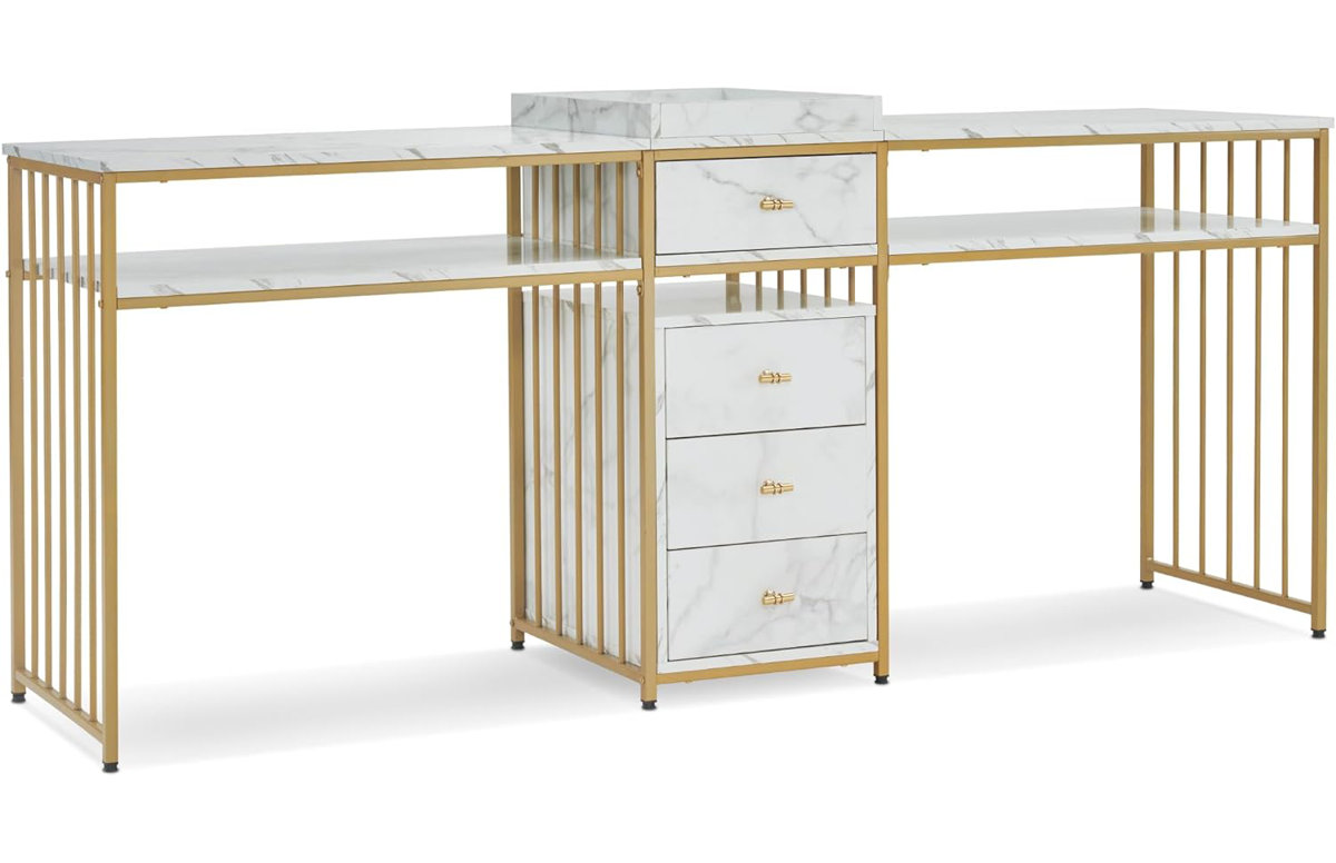 Mercer41 Romus Modern Double Position Nail Desk, Drawer Storage and ...