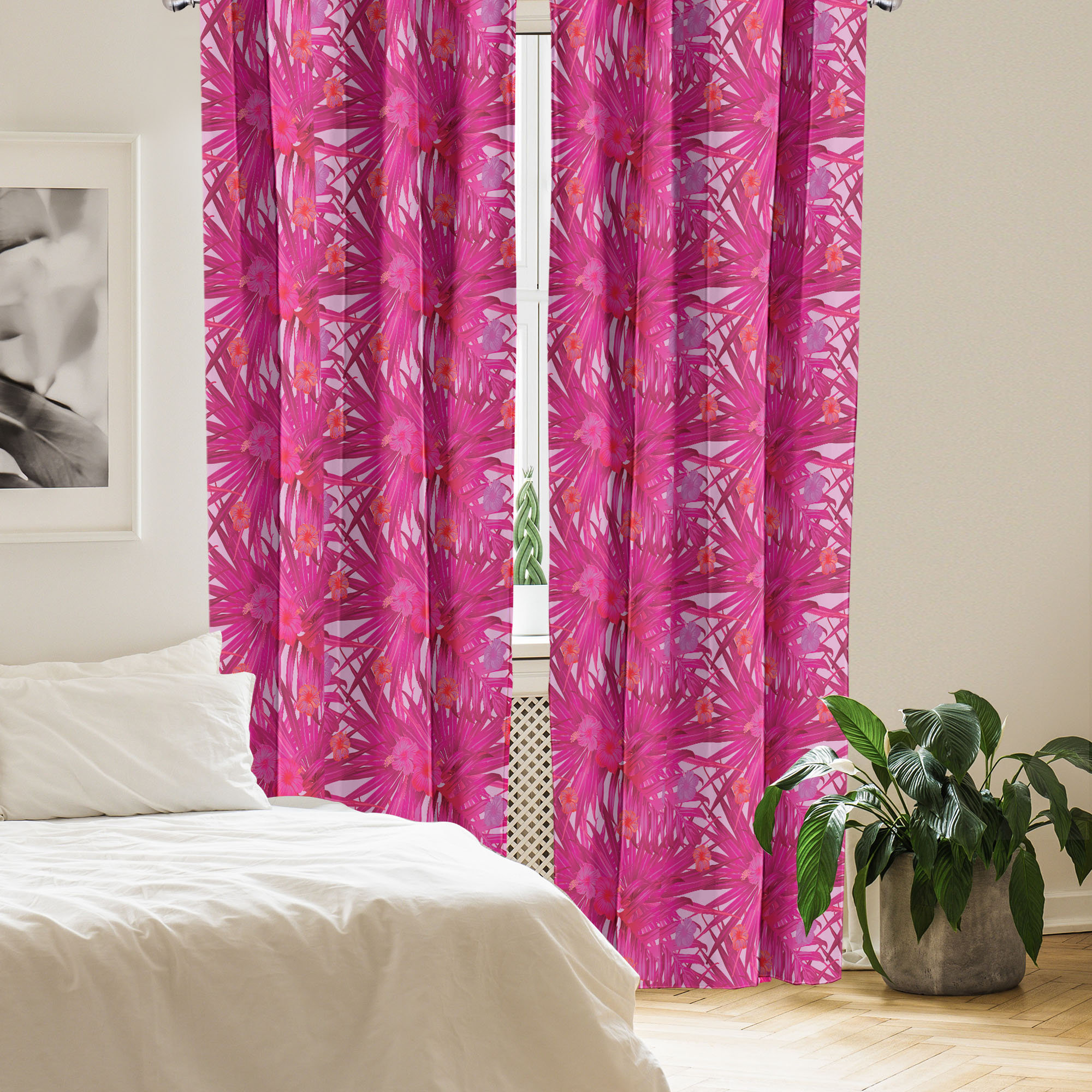 Bungalow Rose Hibiscus 4-Panel Curtains, Tropical Magenta Monstera ...