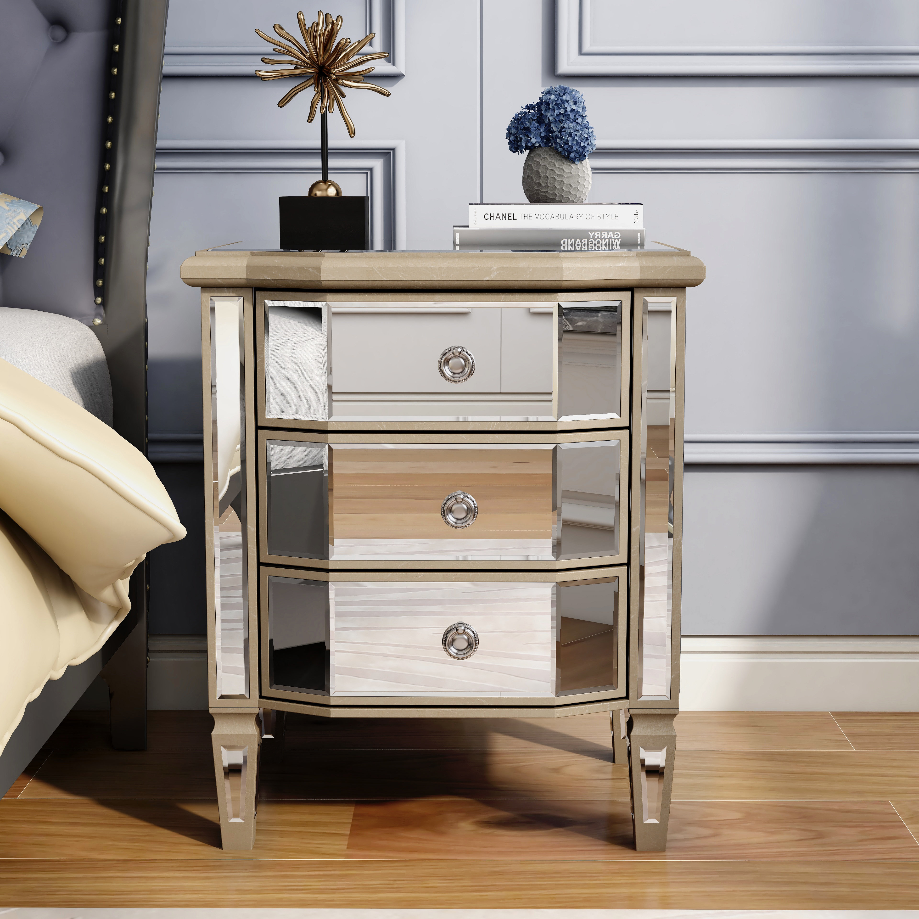 House of Hampton® Adelais 3-Drawers Vintage Mirrored Glass Nightstand ...