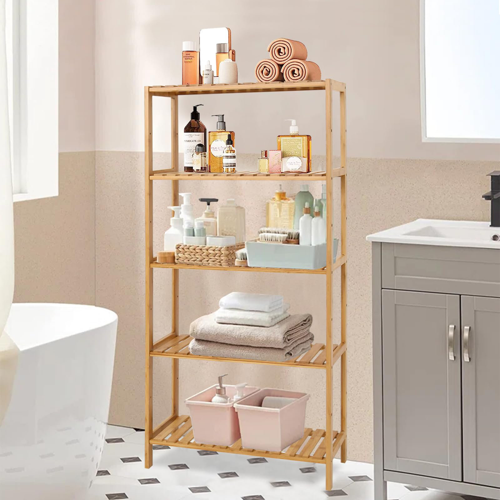Latitude Run® 5-Tier Bamboo Free Standing Storage Rack Shelf ...